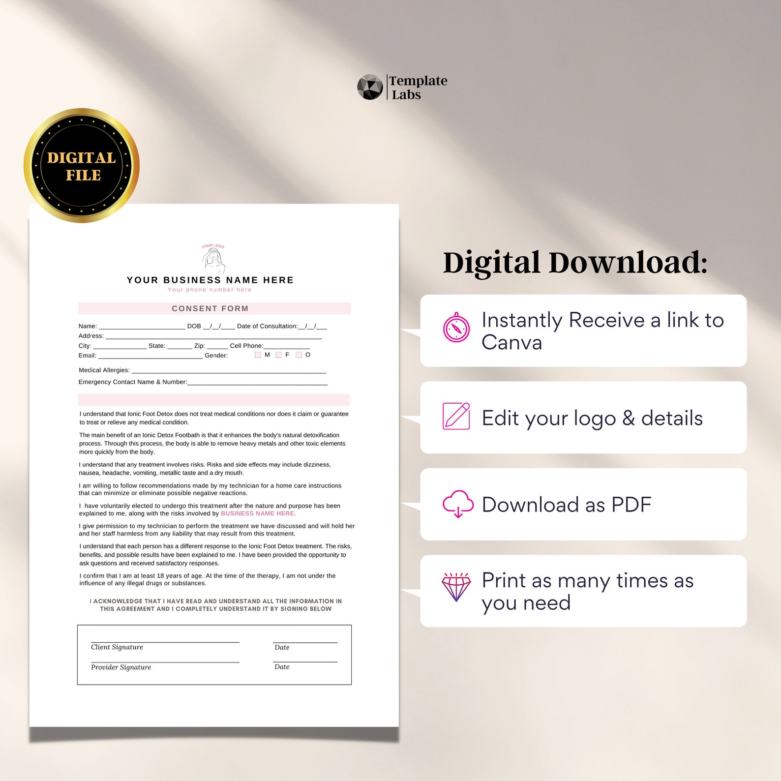 Foot Detox Consent Form, Ionic Foot Detox, Consultation Form, Editable ...