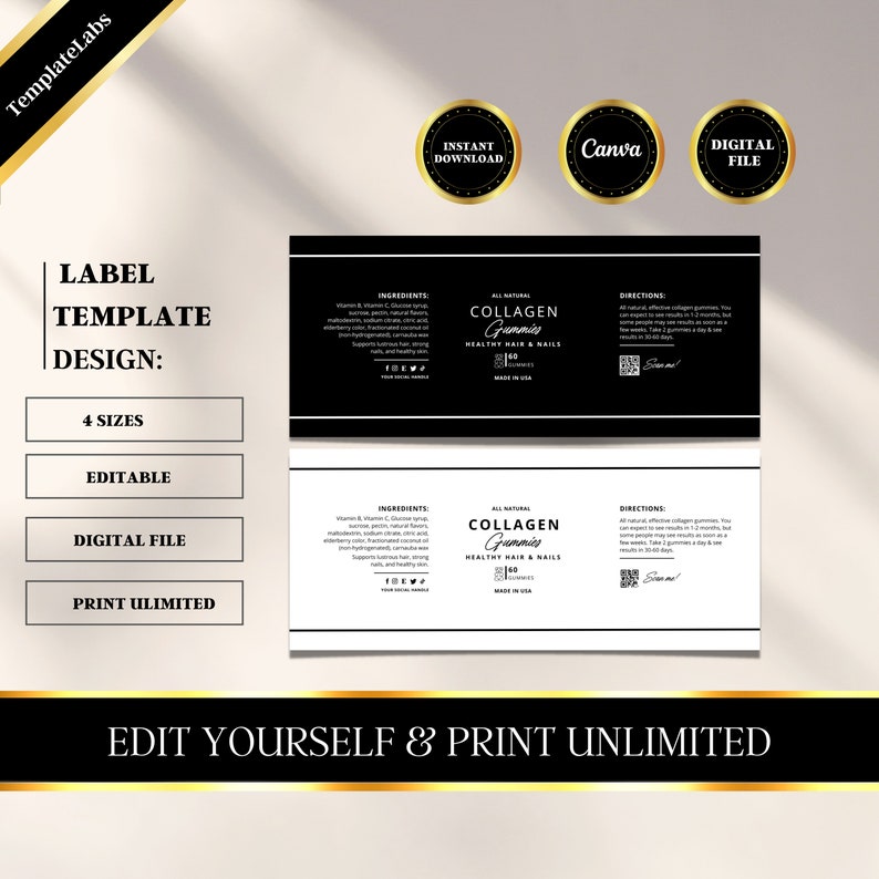 Collagen Gummies Label Template, Vitamin Label, Supplement Label ...