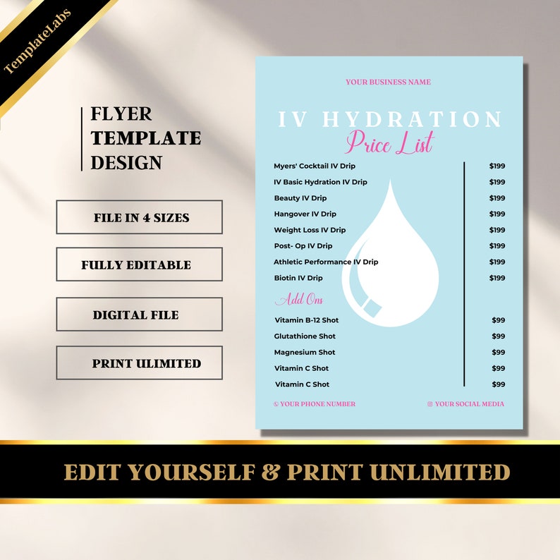 IV Hydration Template, IV Therapy Flyer, Price List Template Canva ...