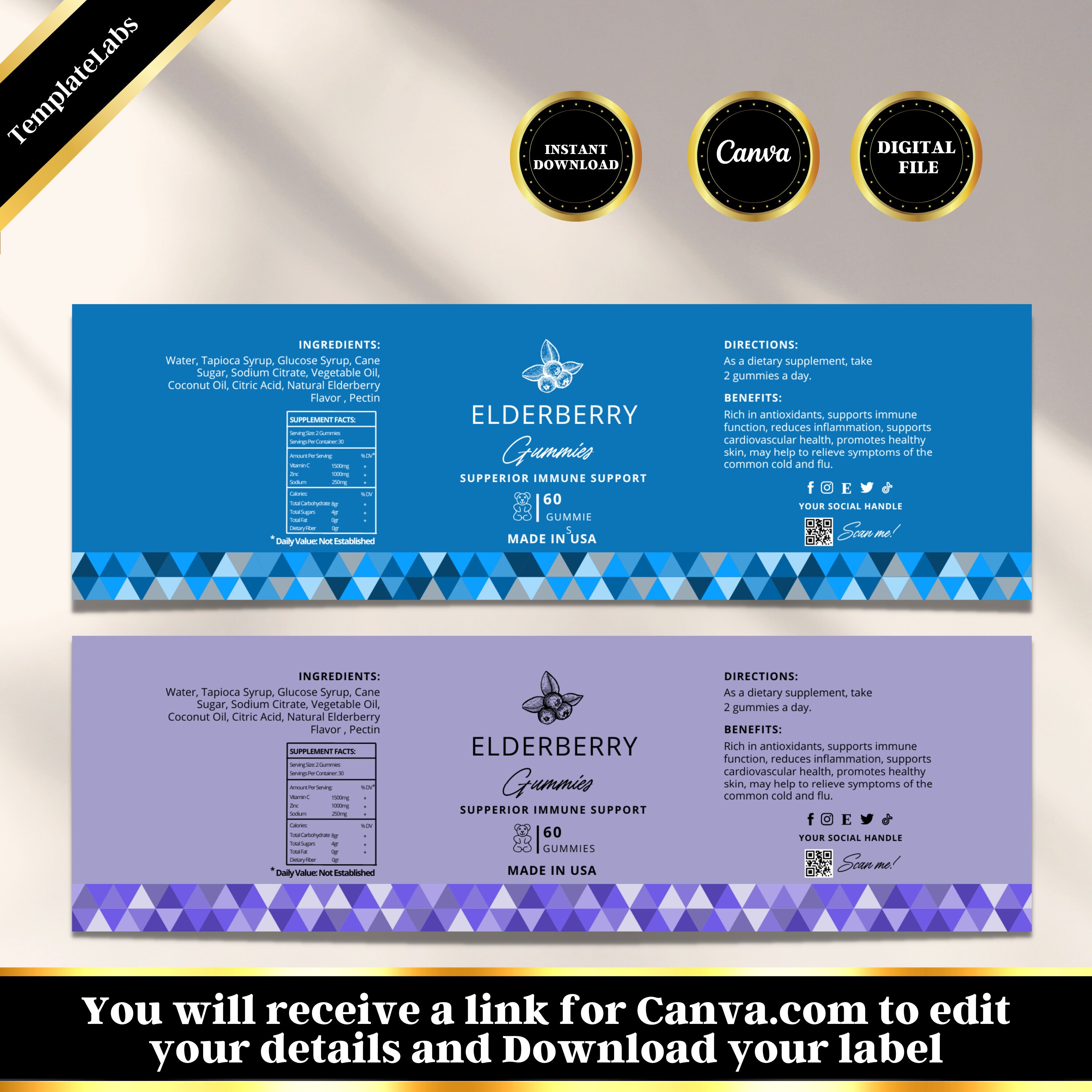 Elderberry Gummies Label Template, Vitamin Label, Supplement Label ...