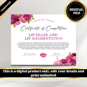 Lip Filler Certificate, Injector Nurse, Lip Filler Template, Printable ...