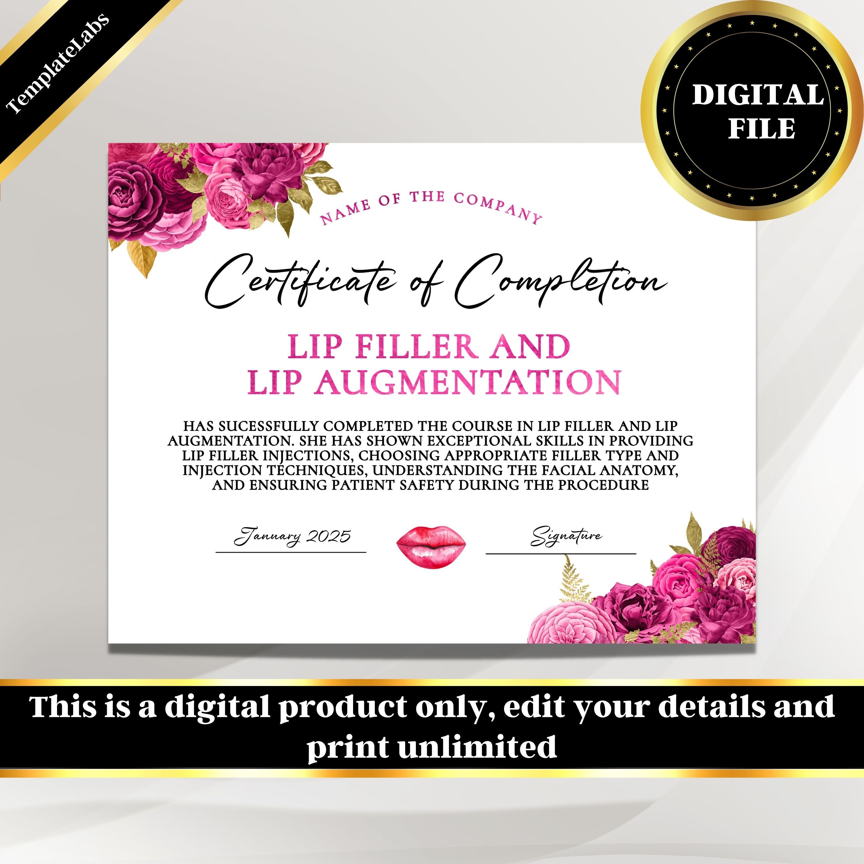 Lip Filler Certificate, Injector Nurse, Lip Filler Template, Printable ...