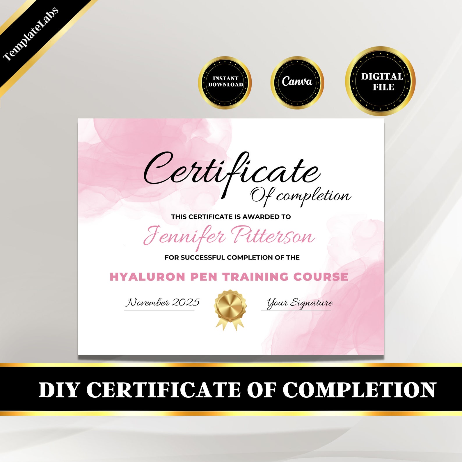 Hyaluron Pen Certificate, Certificate of Completion Template, Editable ...
