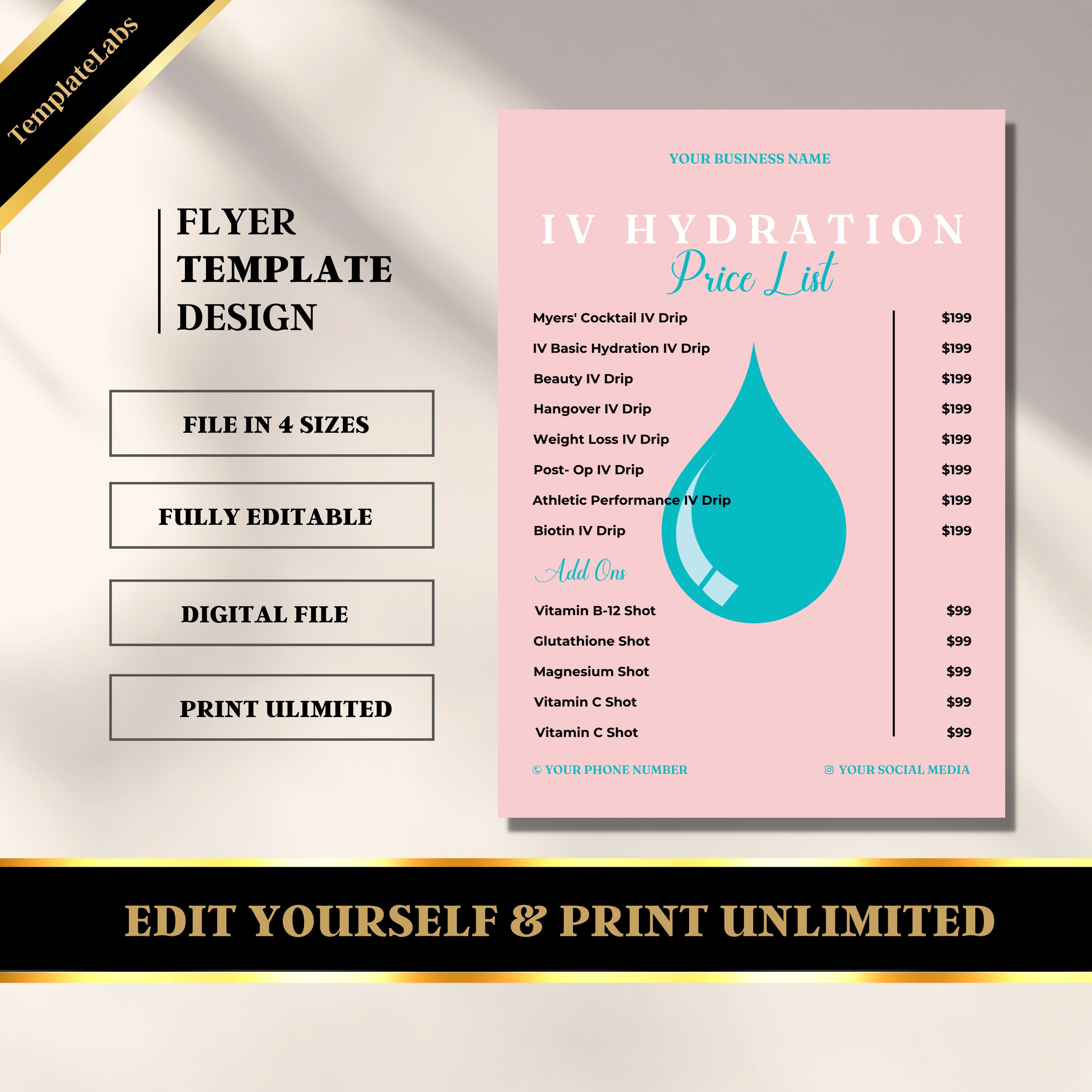 IV Hydration Template, IV Therapy Flyer, Price List Template Canva ...