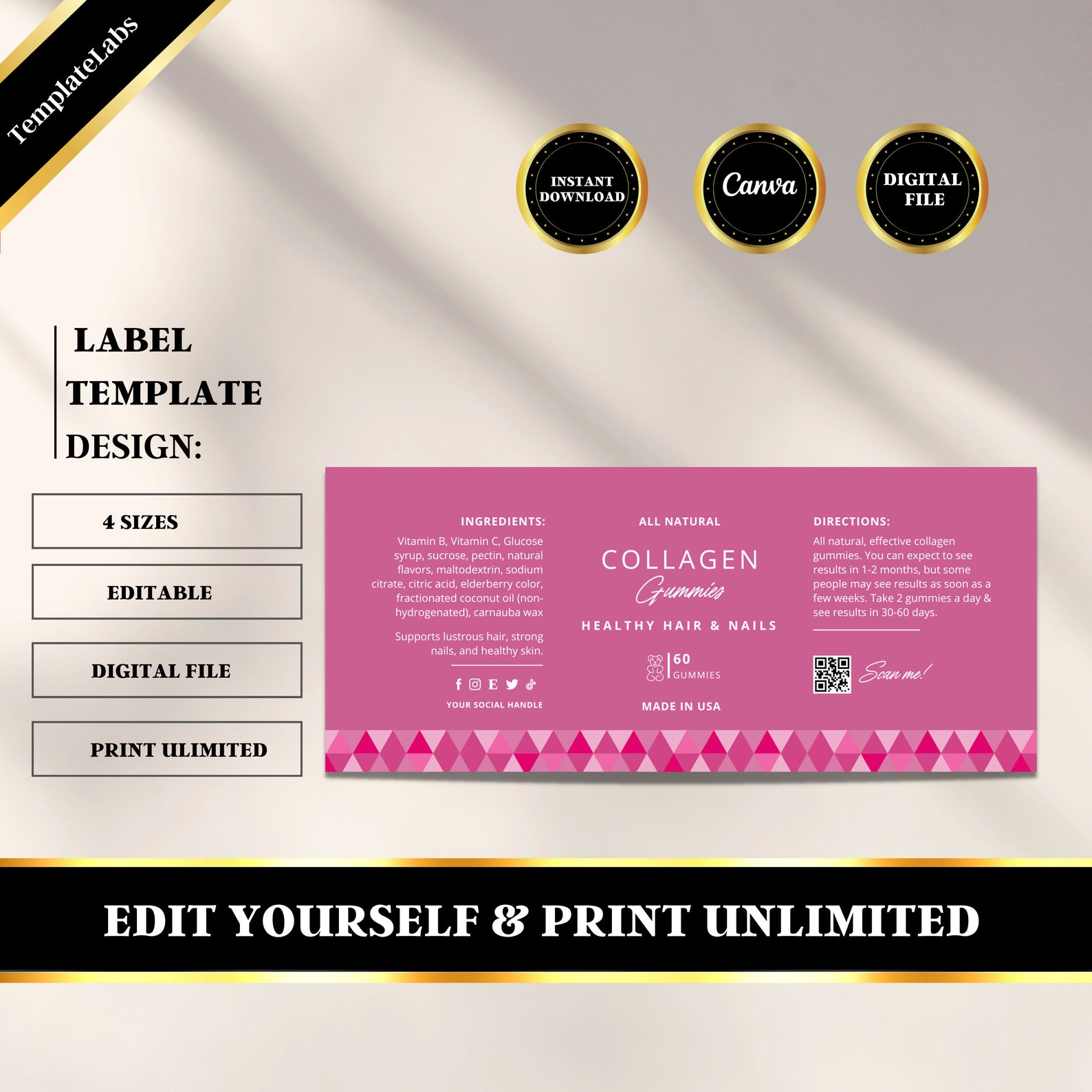 Collagen Gummies Label Template Vitamin Label Supplement - Etsy