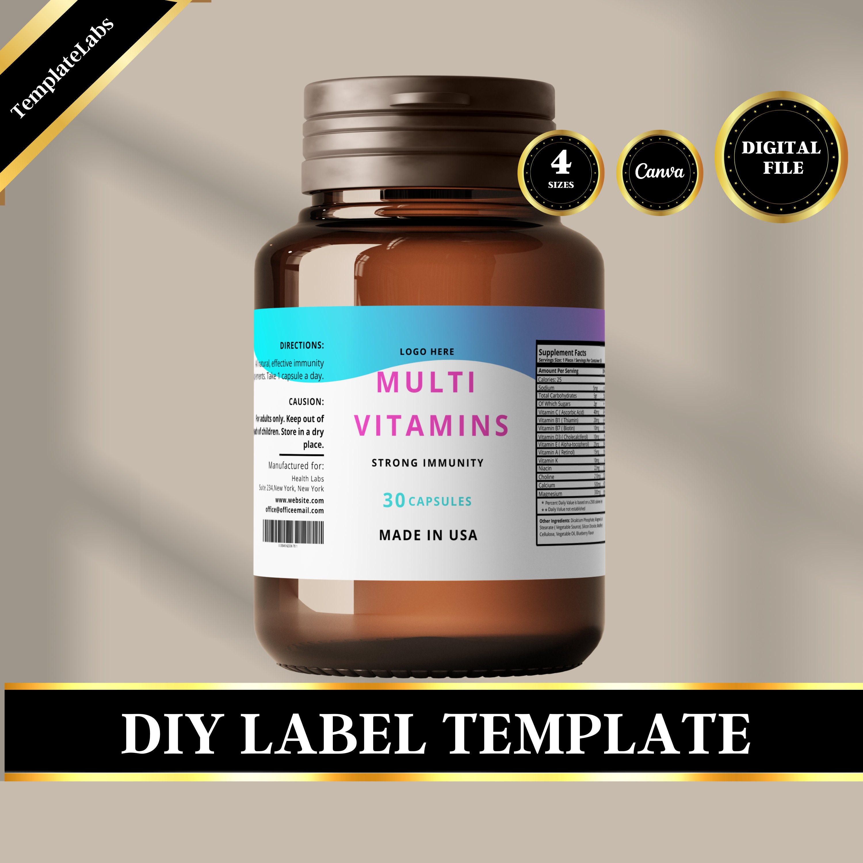 Supplement Label Template, Vitamin Label, Medicine Bottle Label, Bottle ...