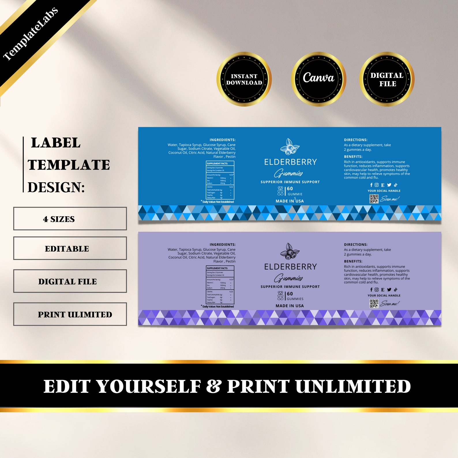 Elderberry Gummies Label Template, Vitamin Label, Supplement Label ...