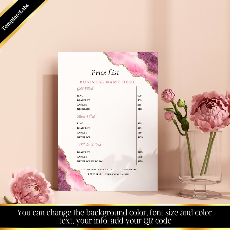 Permanent Jewelry Price List, Printable Price List, Price Guide Canva ...
