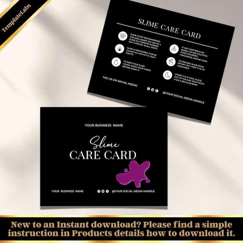 Slime Care Card, Slime Instruction, Printable Card, Editable Card Canva ...