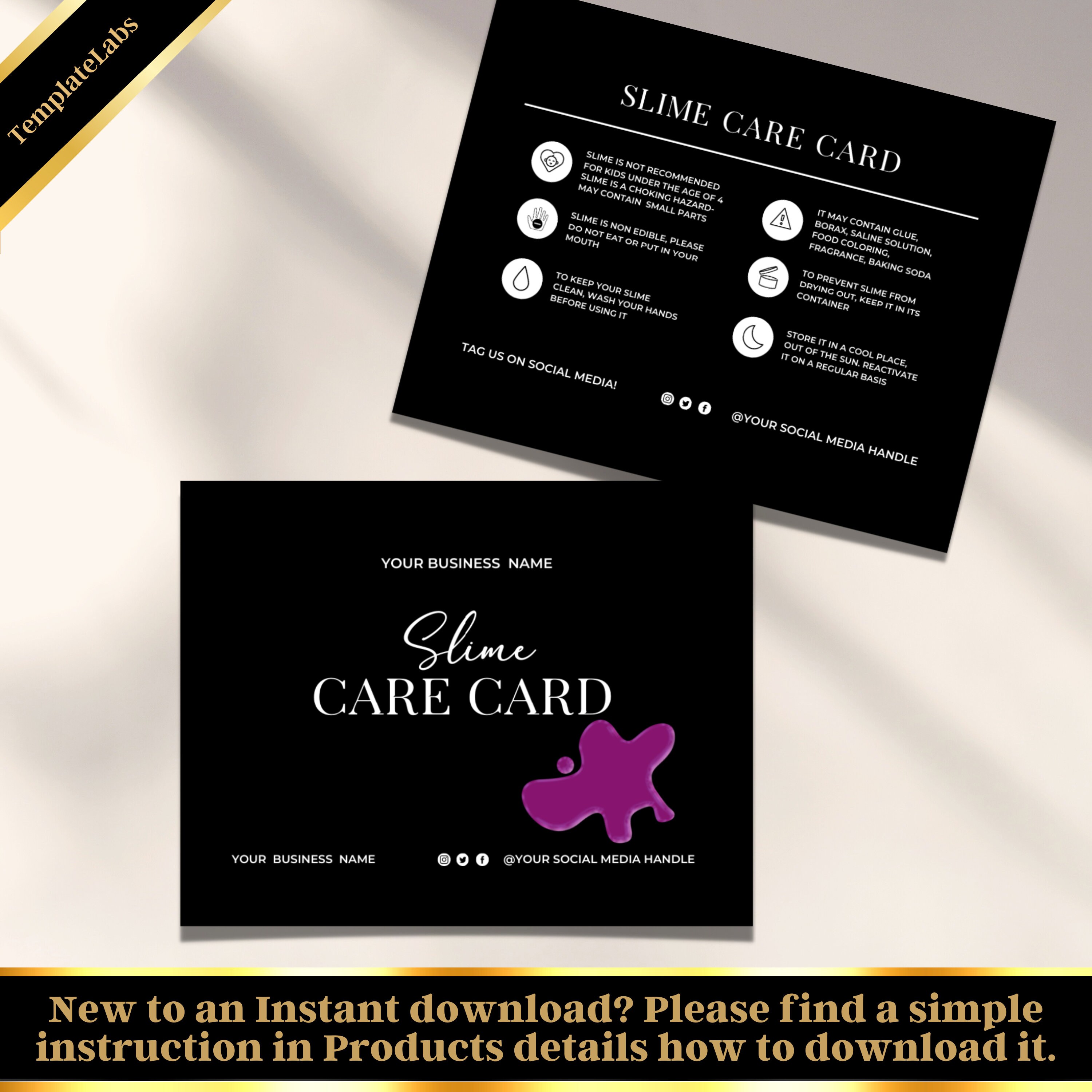 Slime Care Card, Slime Instruction, Printable Card, Editable Card Canva ...
