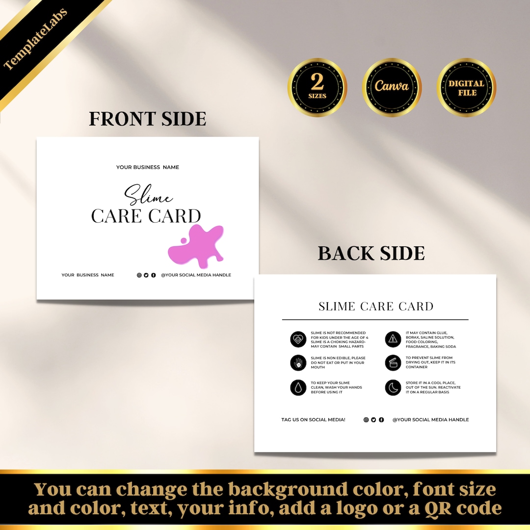 Slime Care Card, Slime Instruction, Printable Card, Editable Card Canva ...