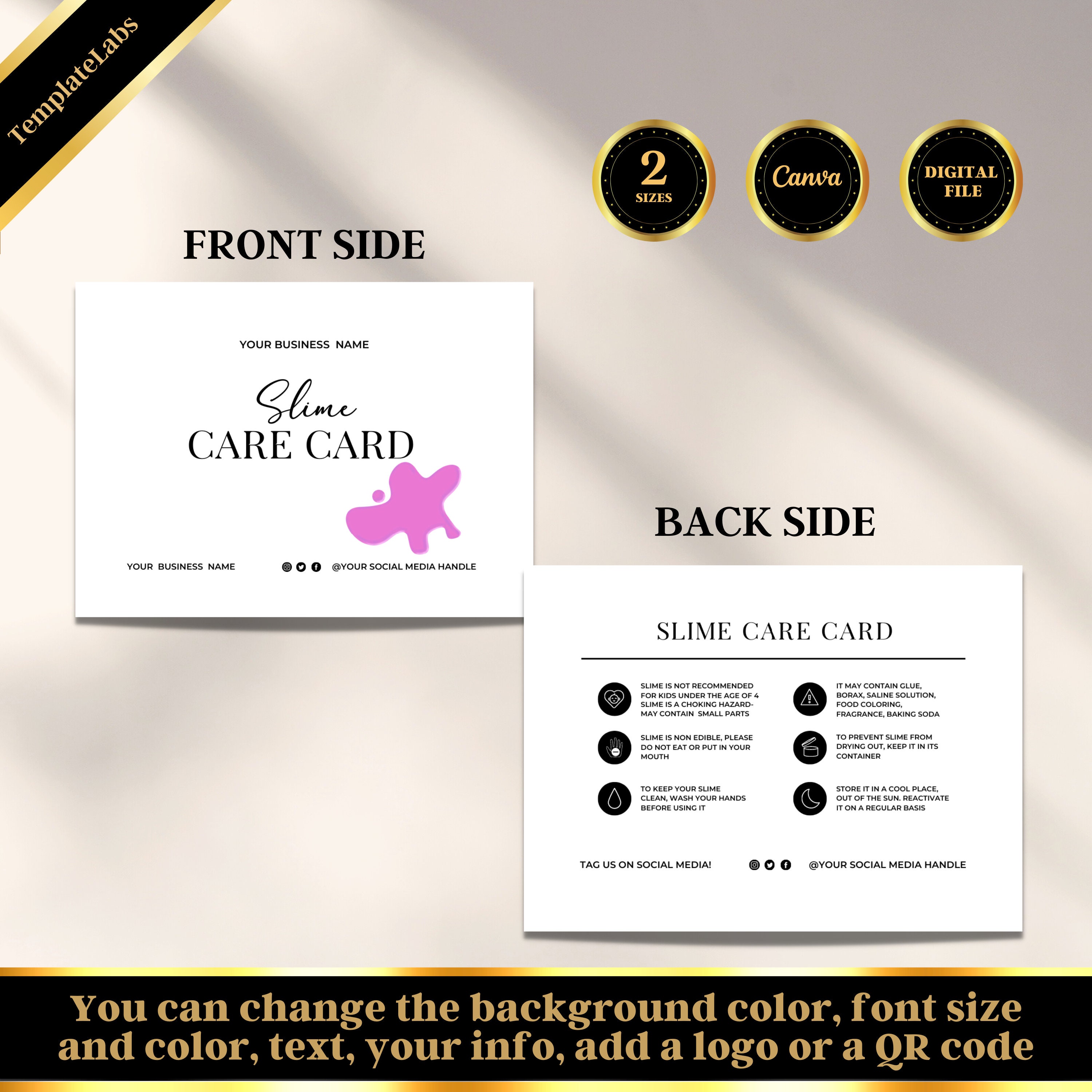 Slime Care Card, Slime Instruction, Printable Card, Editable Card Canva ...