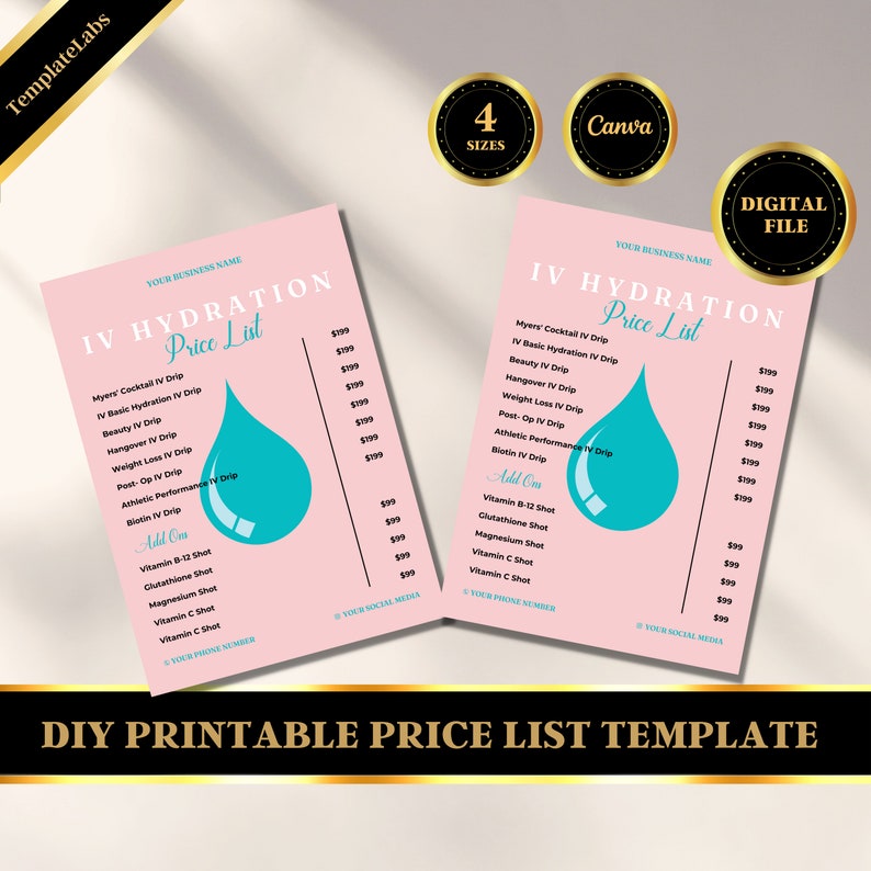 IV Hydration Template, IV Therapy Flyer, Price List Template Canva ...