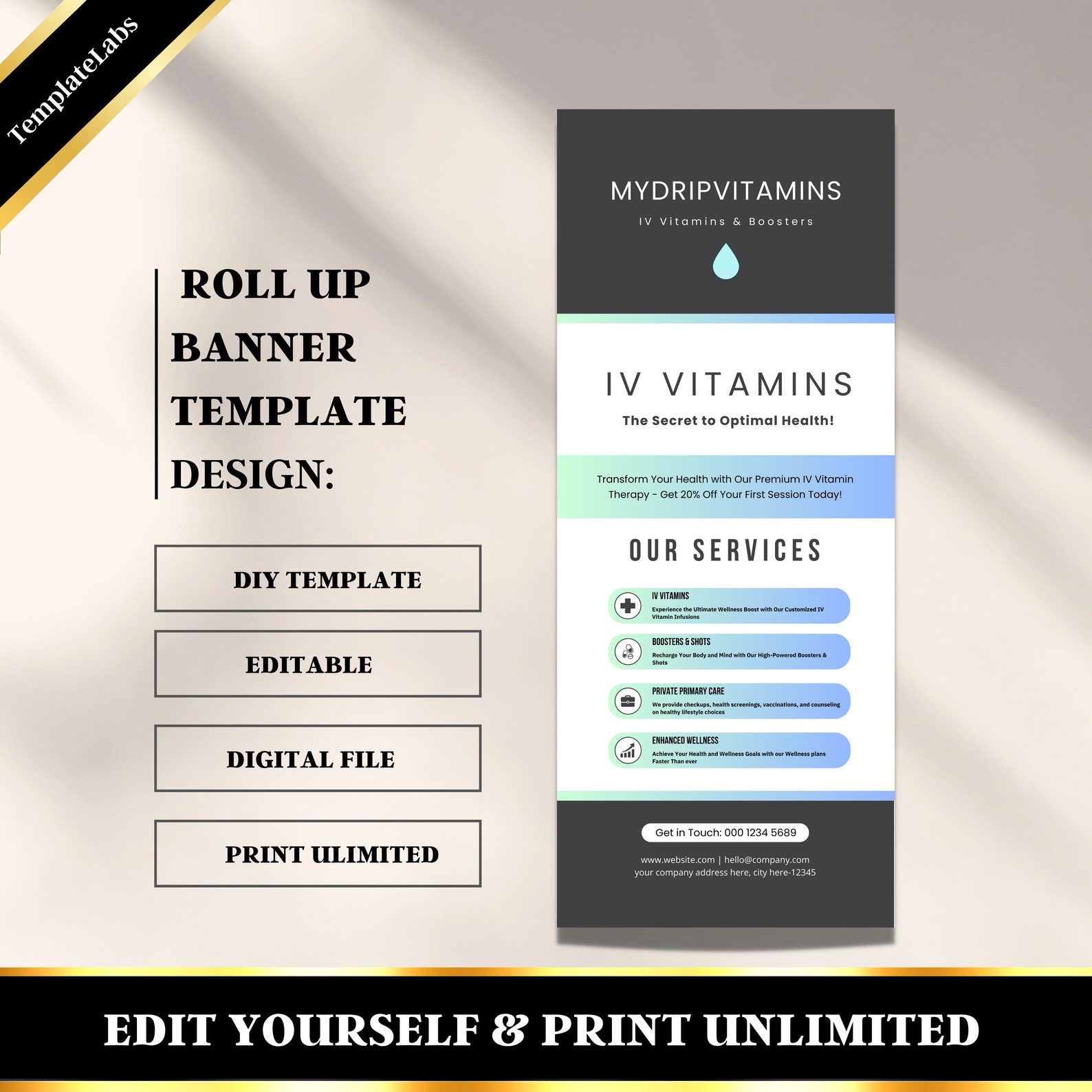IV Hydration Retractable Banner, Roll up Banner Template, Event Banner ...