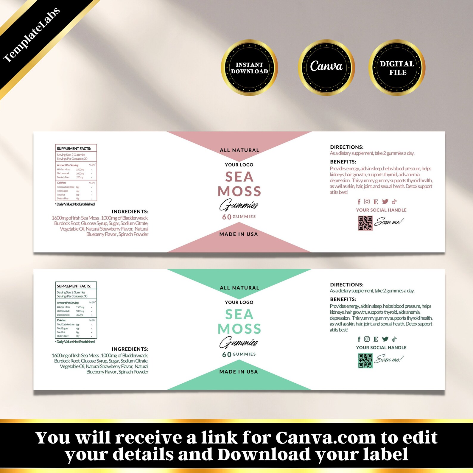 Sea Moss Gummies Label Template, Vitamin Label, Supplement Label ...