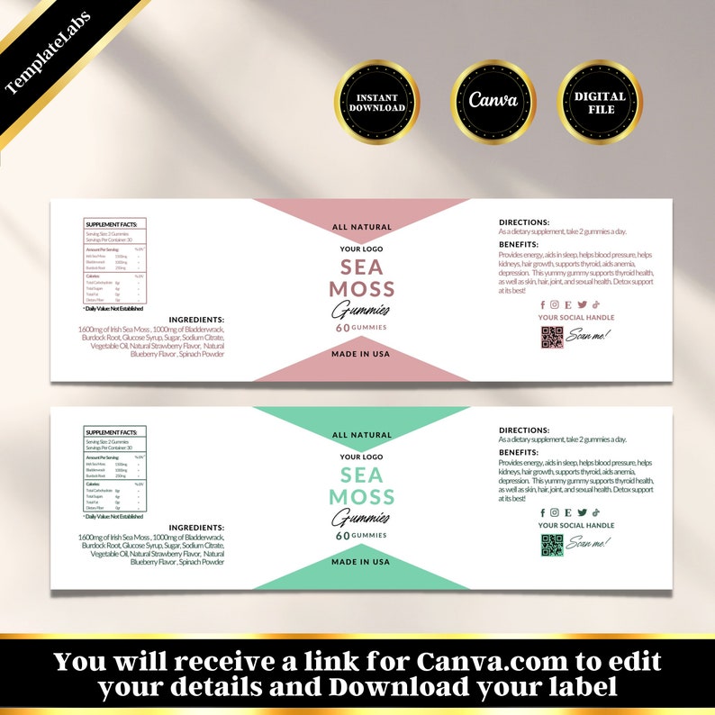 Sea Moss Gummies Label Template, Vitamin Label, Supplement Label ...
