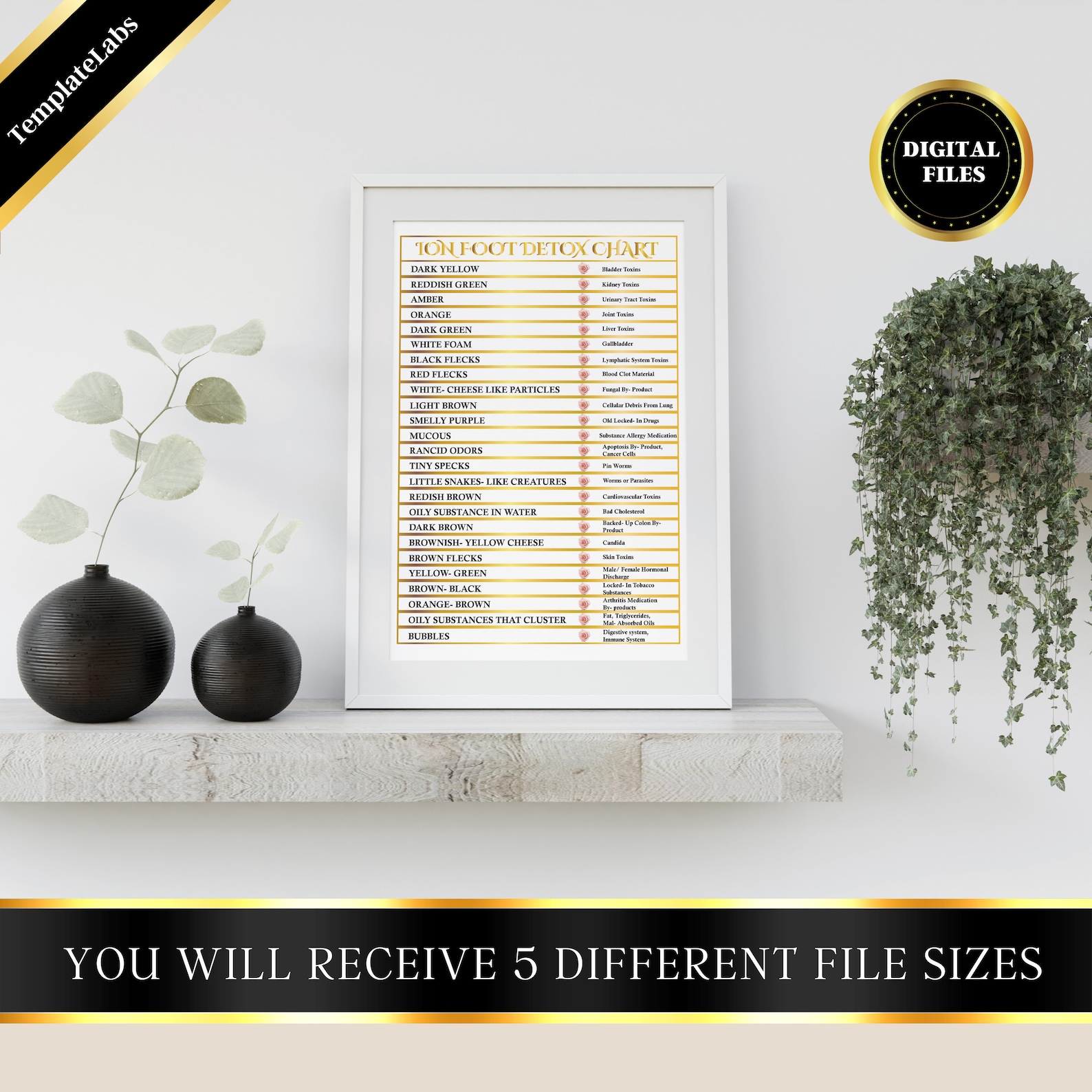 Ionic Foot Detox, Printable Chart, Printable Wall Art Gold, Digital ...