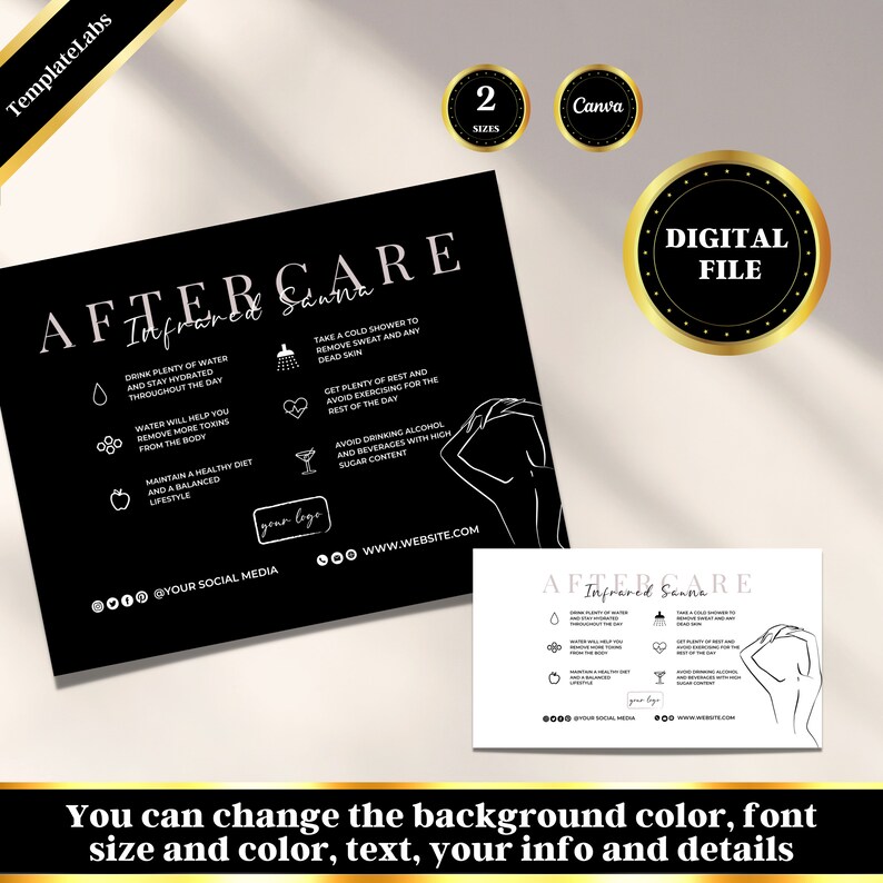 Infrared Sauna, Aftercare Card, Printable Card, DIY Template, Edit in ...