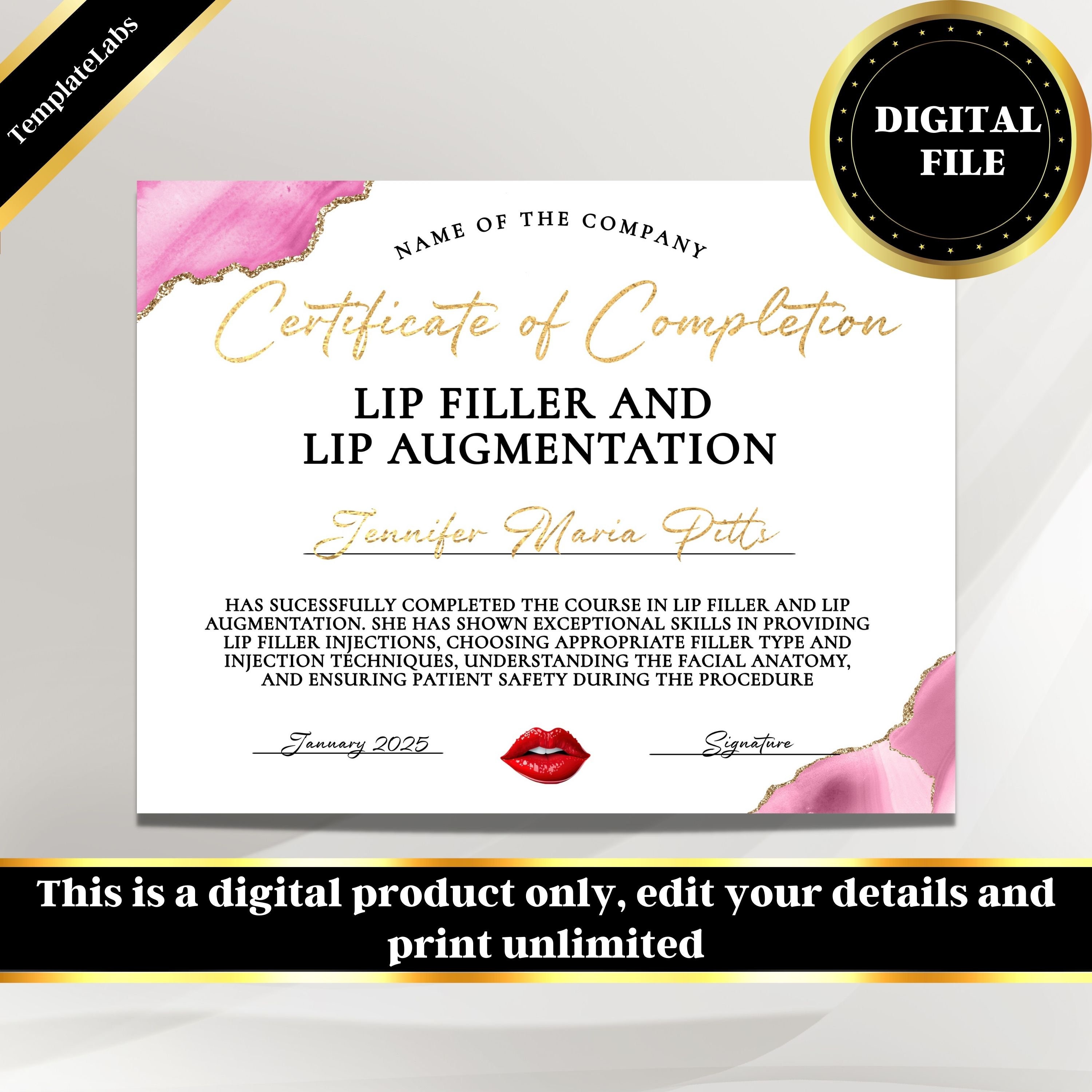Lip Filler Certificate, Injector Nurse, Lip Filler Template, Printable ...