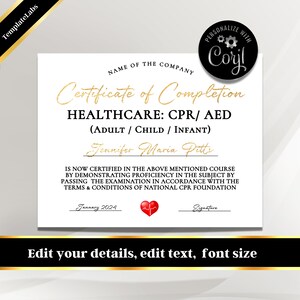CPR Certificate, Cpr Training Certificate, Editable Certificate of ...