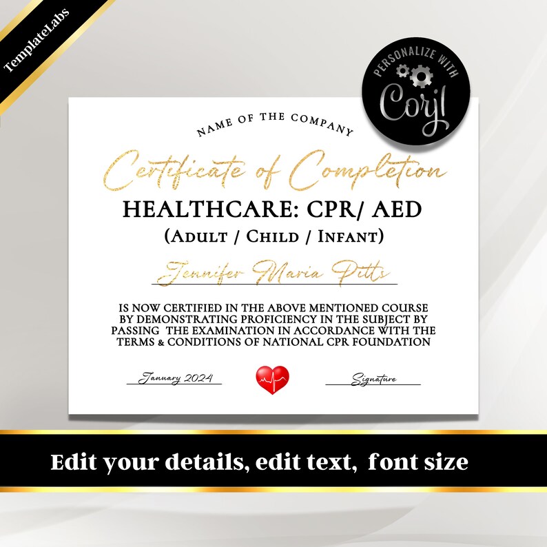 CPR Certificate, Cpr Training Certificate, Editable Certificate of ...