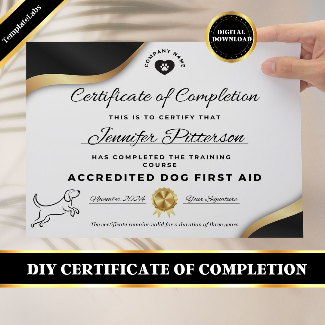 Dog First Aid Printable Certificate, Puppy First Aid, Certificate of ...