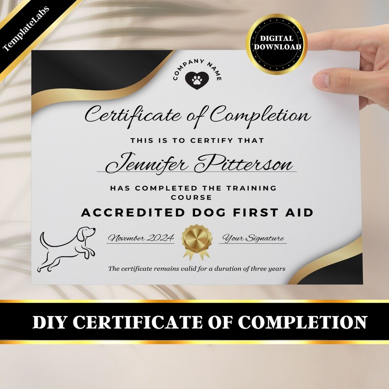Dog First Aid Printable Certificate, Puppy First Aid, Certificate of ...