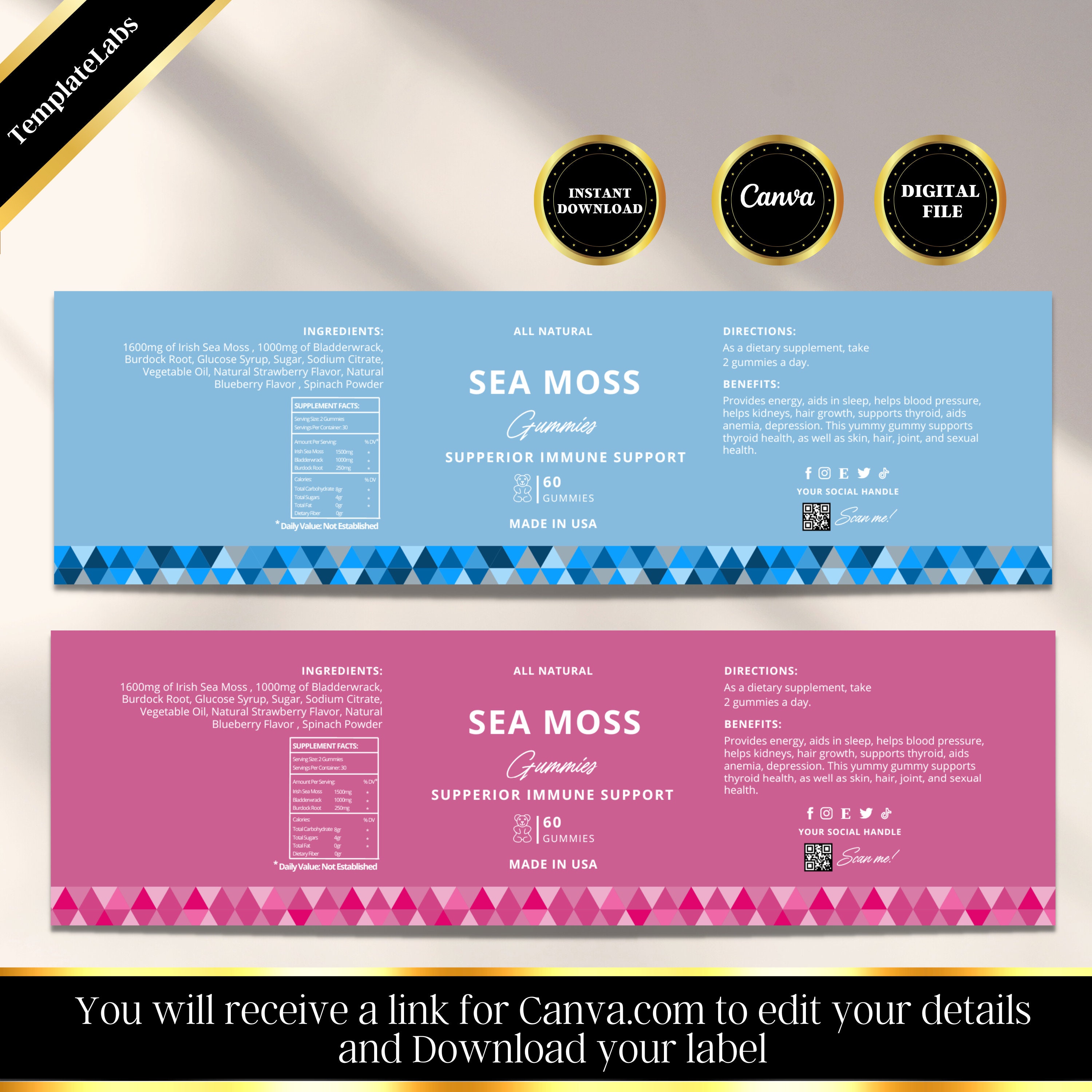 Sea Moss Gummies Label Template, Vitamin Label, Supplement Label ...