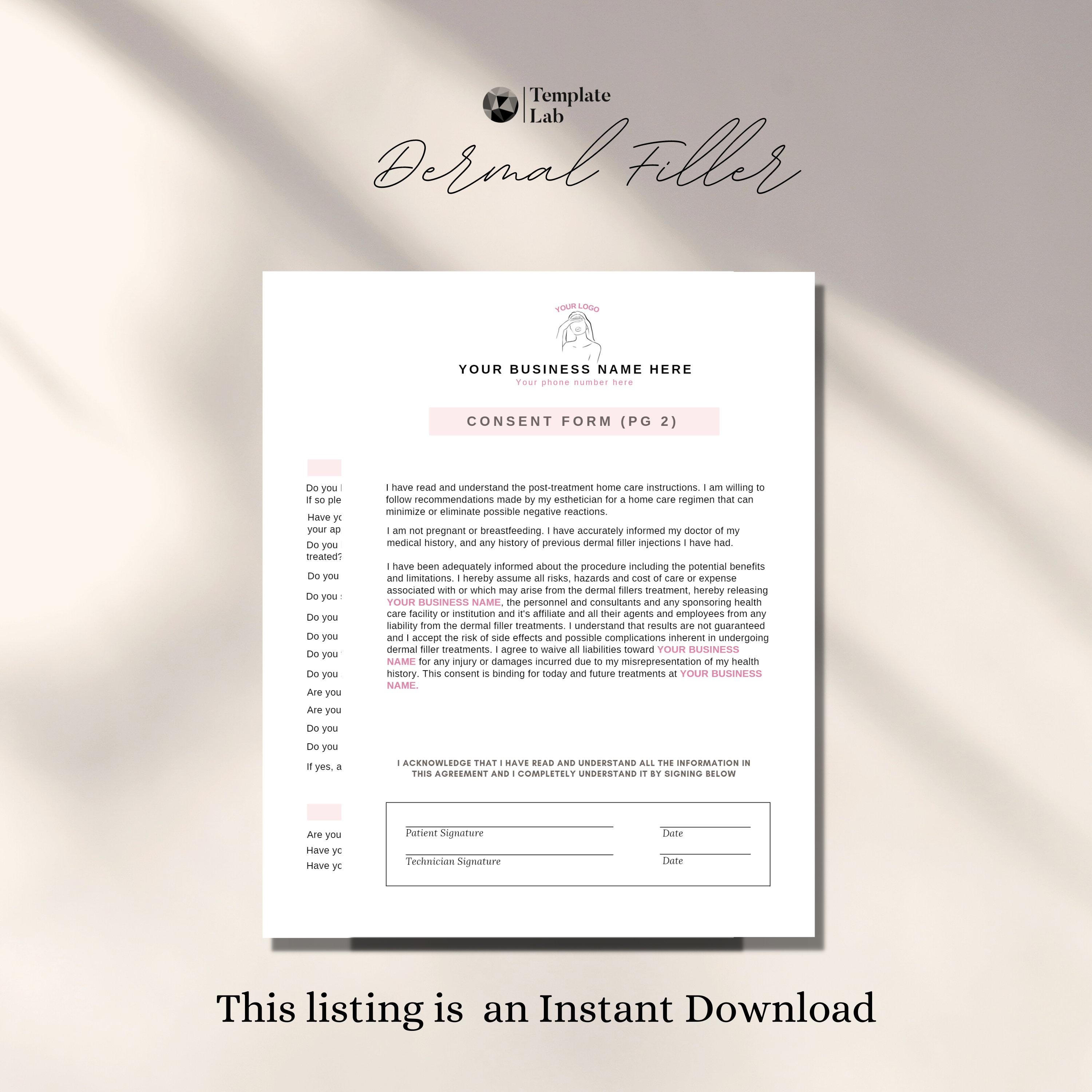 Client Consent Form, Med Spa Form, Injectable Filler, Printable Form ...
