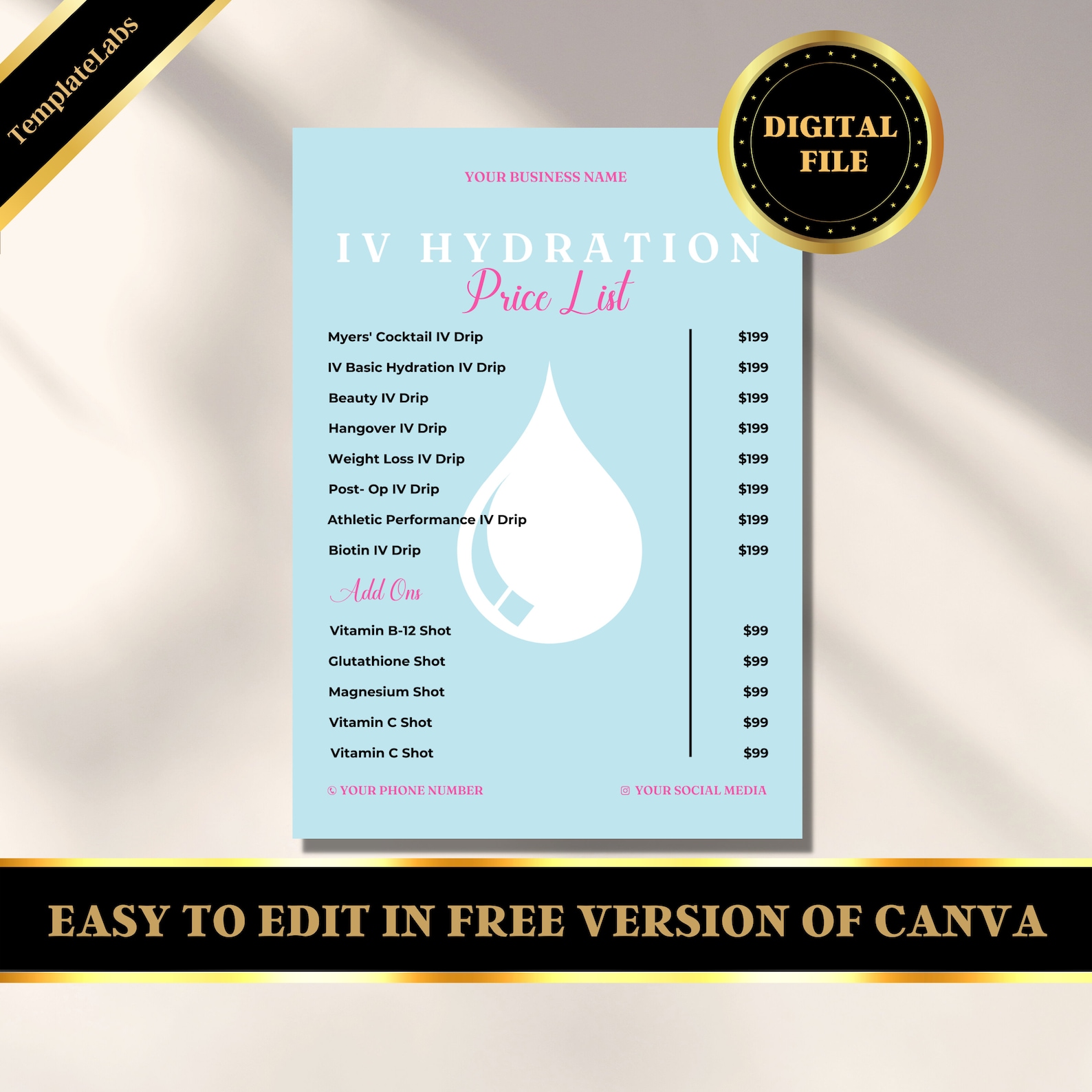 IV Hydration Template, IV Therapy Flyer, Price List Template Canva ...