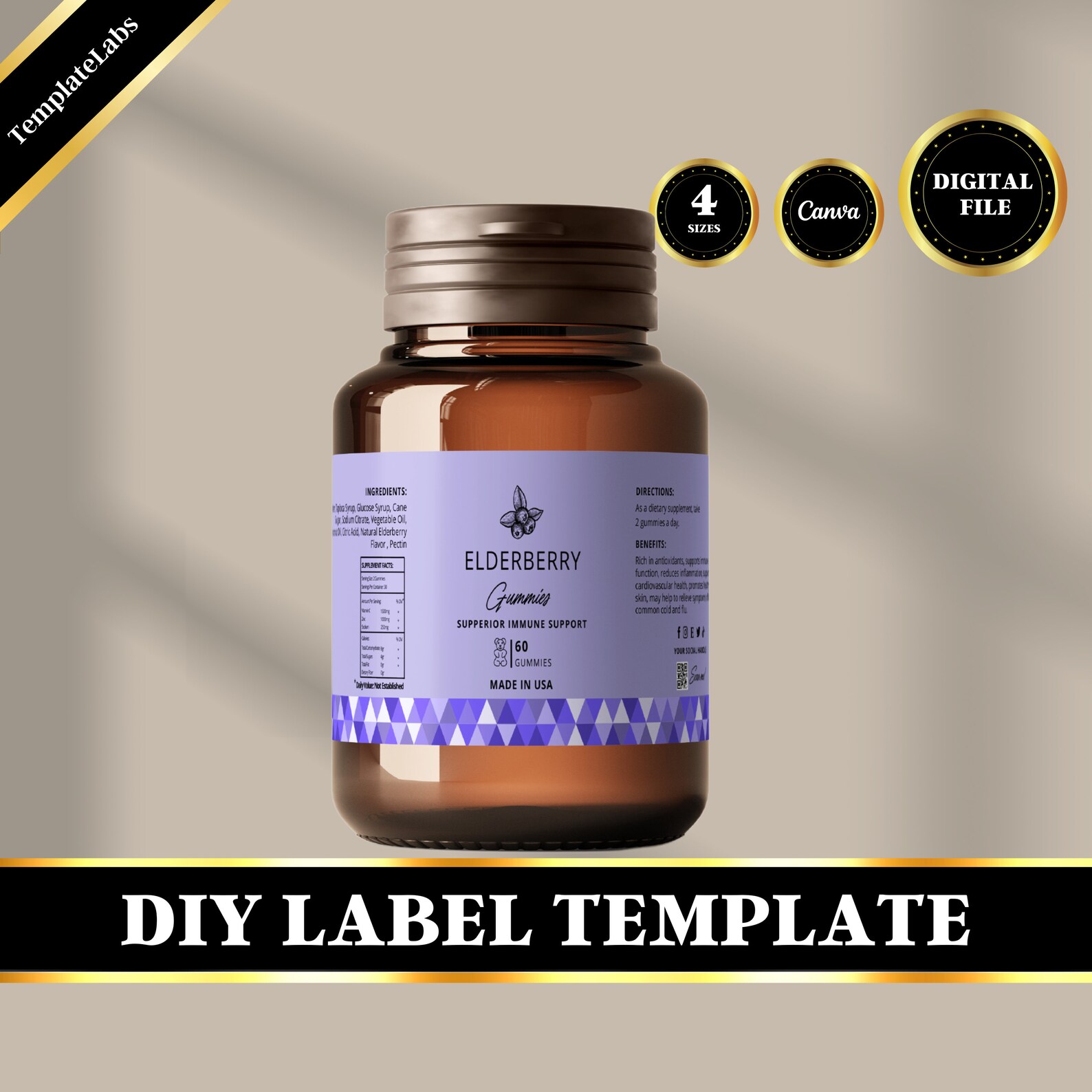 Elderberry Gummies Label Template, Vitamin Label, Supplement Label ...