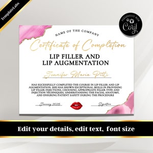 Lip Filler Certificate, Injector Nurse, Lip Filler Template, Printable ...