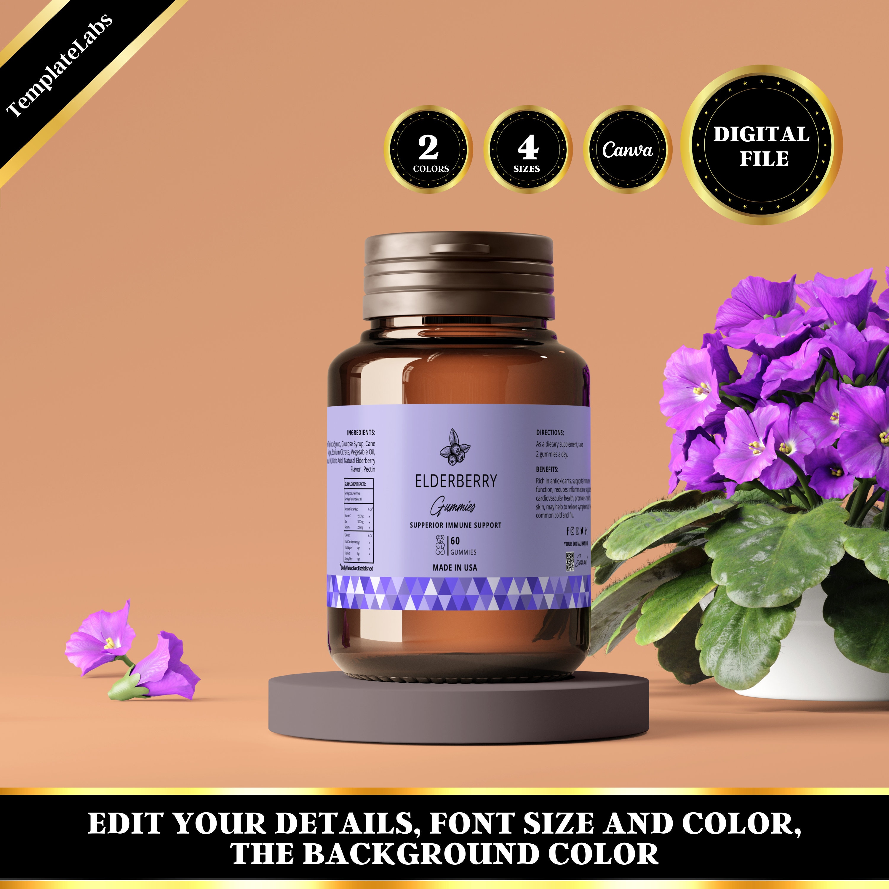 Elderberry Gummies Label Template, Vitamin Label, Supplement Label ...