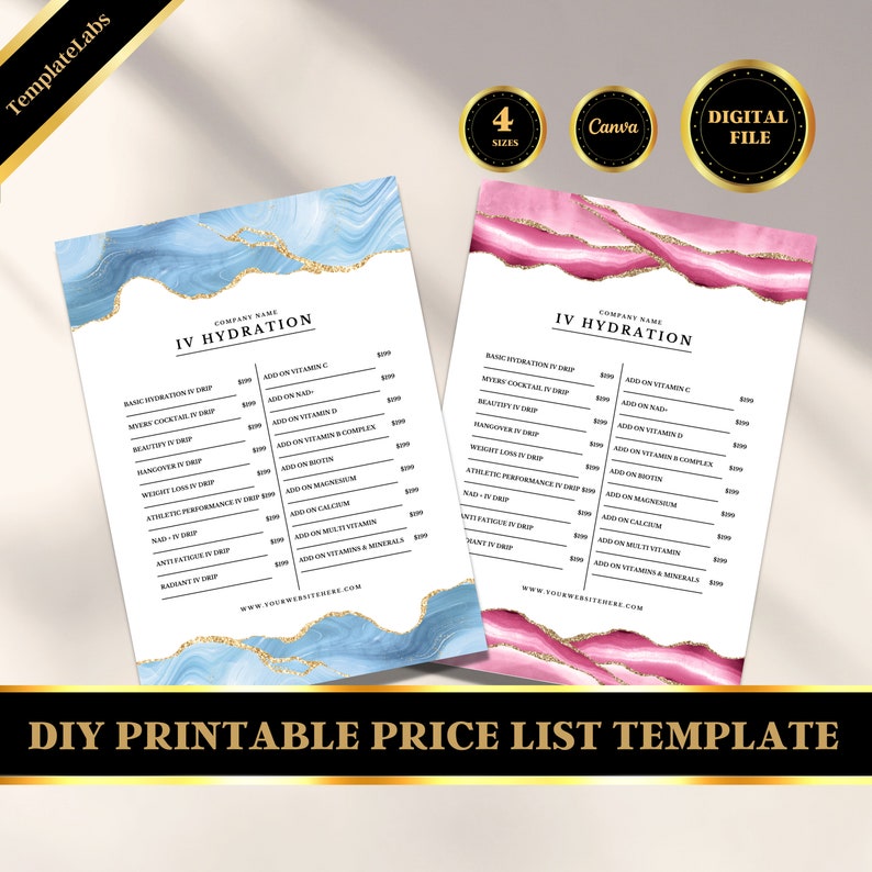 IV Hydration Template, IV Therapy Menu, Printable Price List, Diy ...
