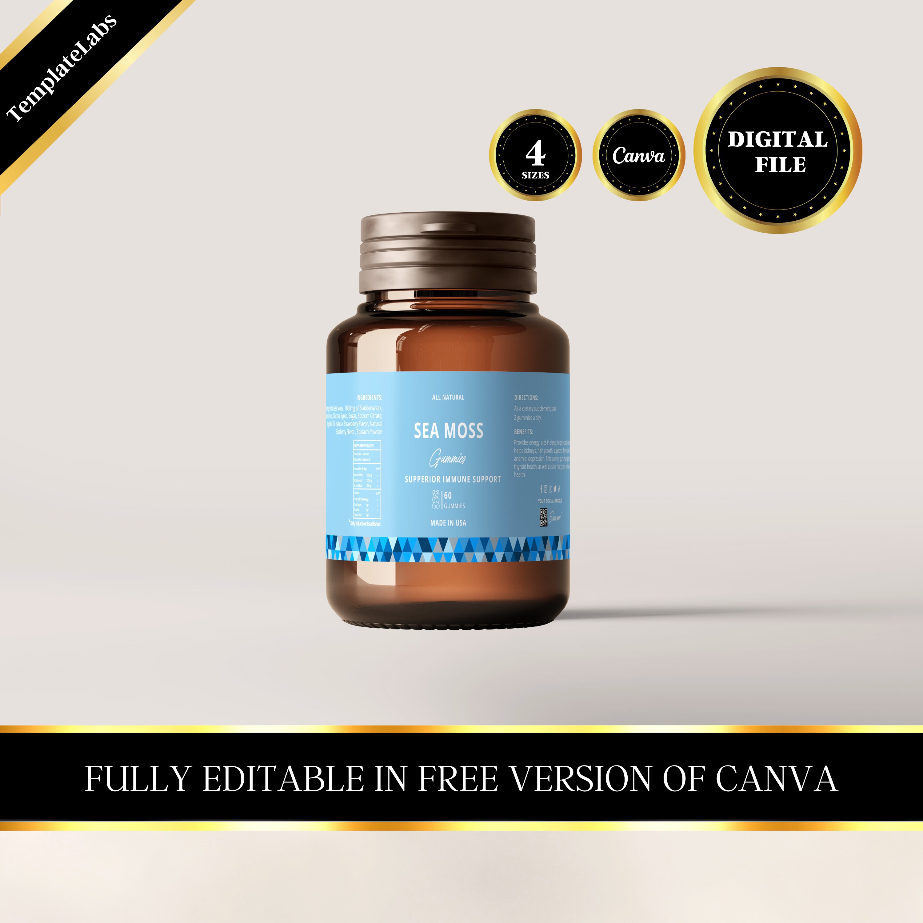 Sea Moss Gummies Label Template, Vitamin Label, Supplement Label ...