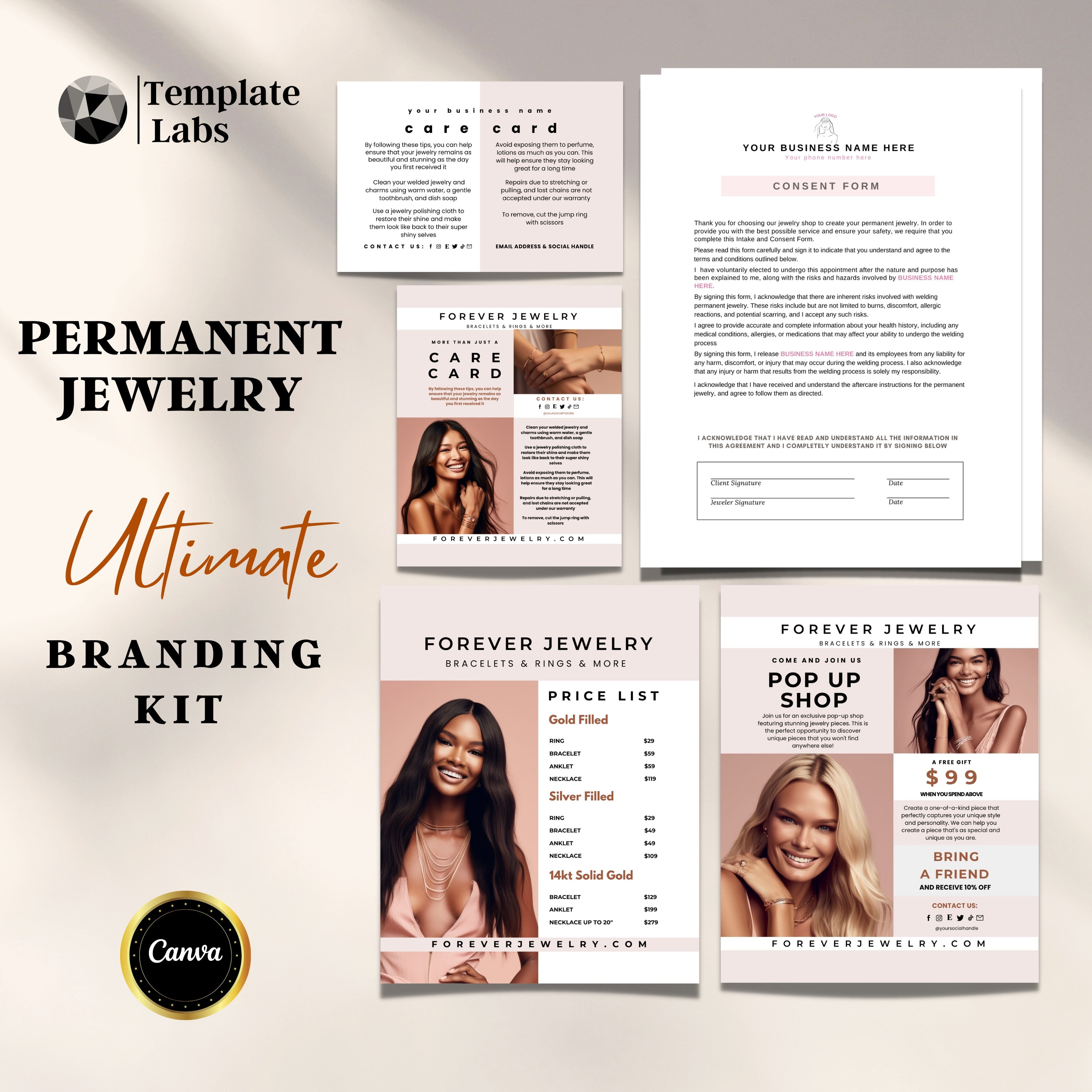 Permanent Jewelry Business Starter Pack, Branding Kit Canva, Consent ...