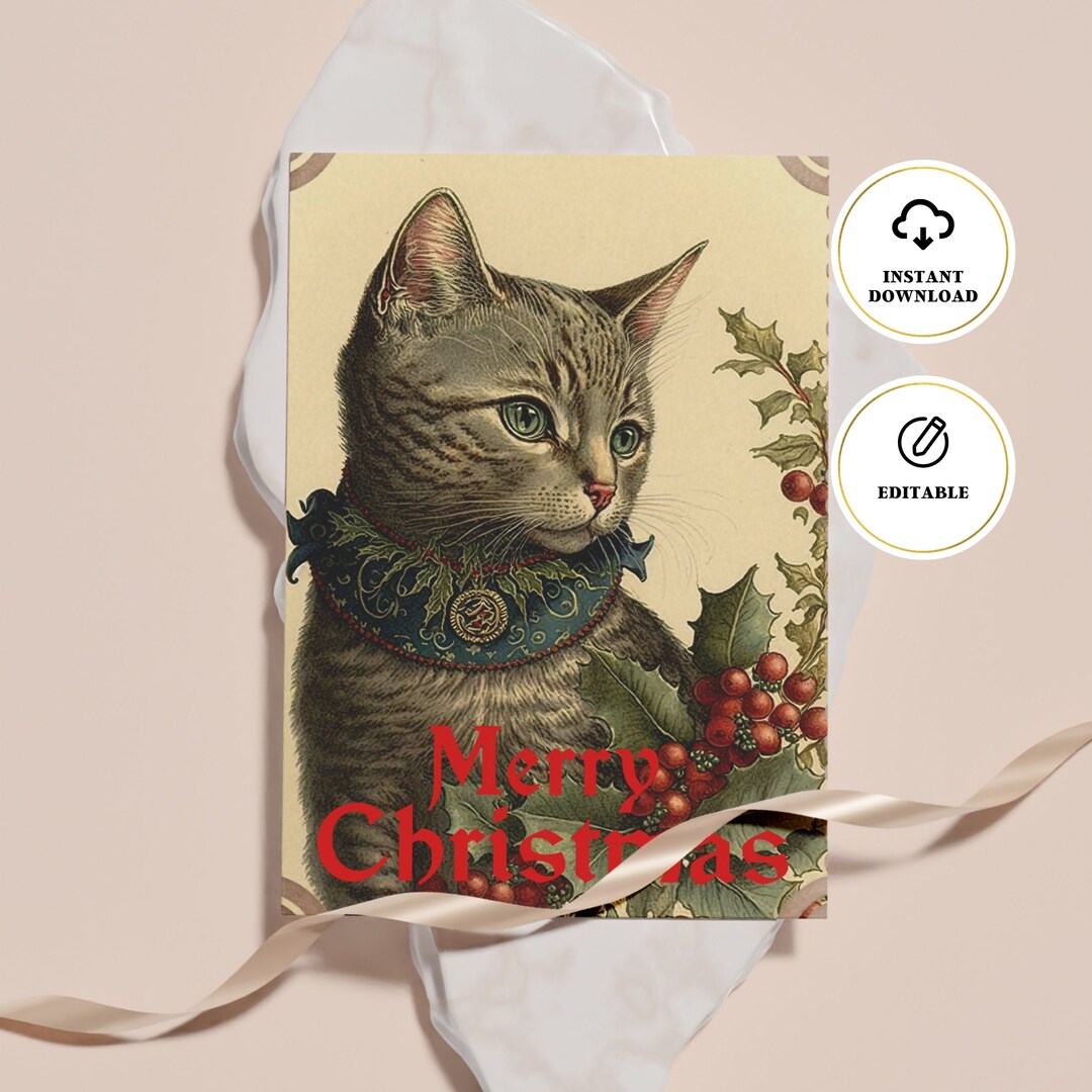 Victorian Cat Christmas Card Cat Victorian Printable Card - Etsy