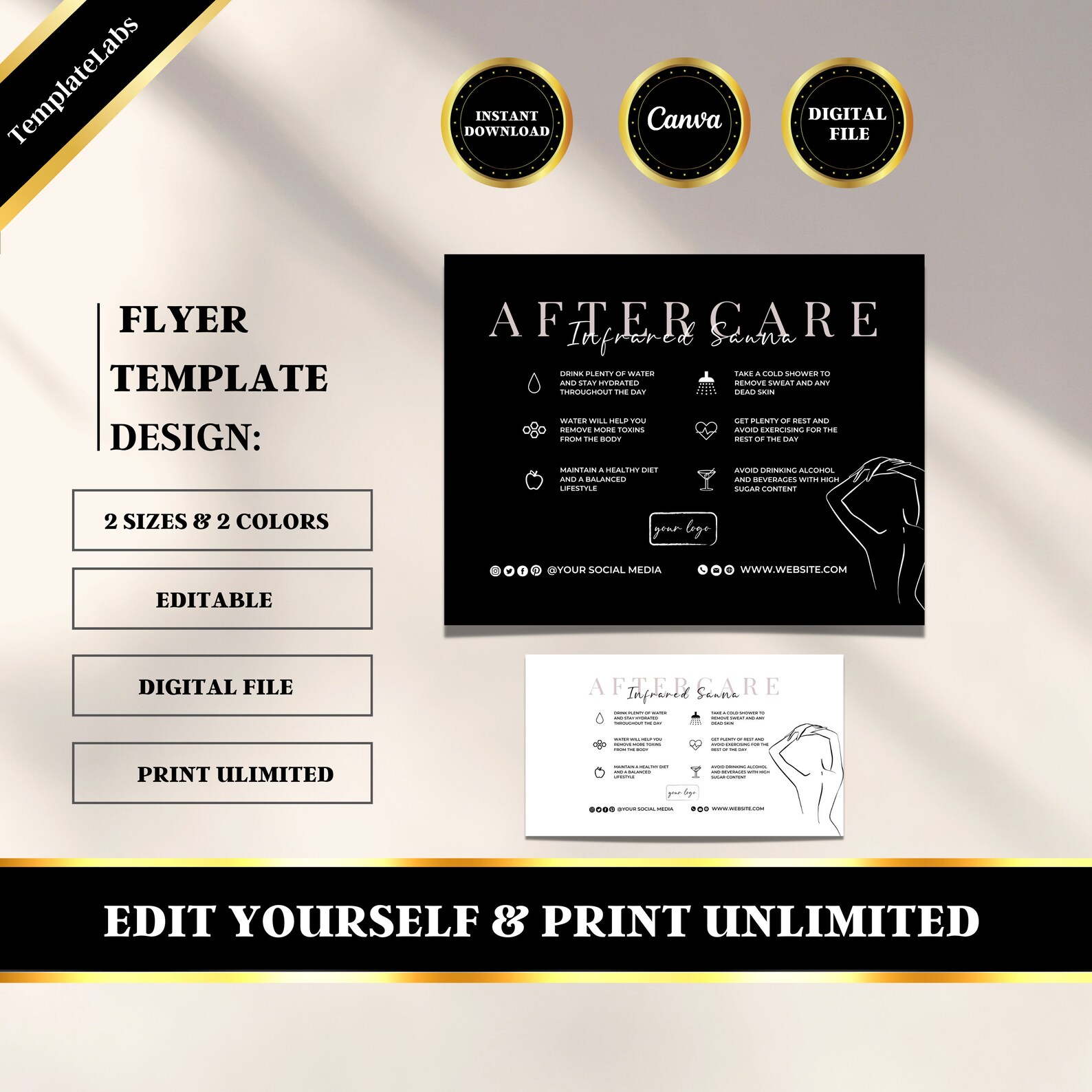 Infrared Sauna, Aftercare Card, Printable Card, DIY Template, Edit in ...