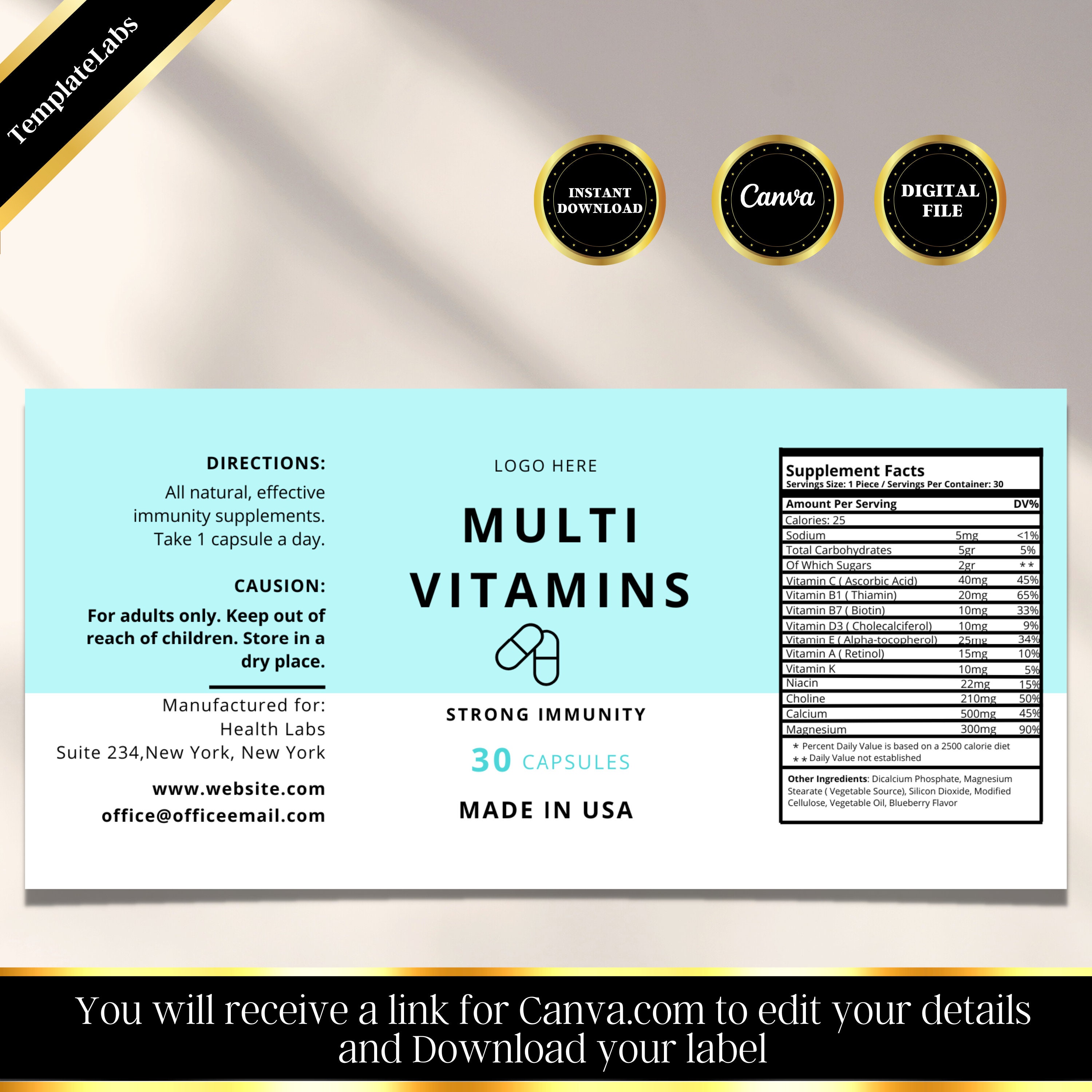 Supplement Label Template Vitamin Label Medicine Bottle - Etsy