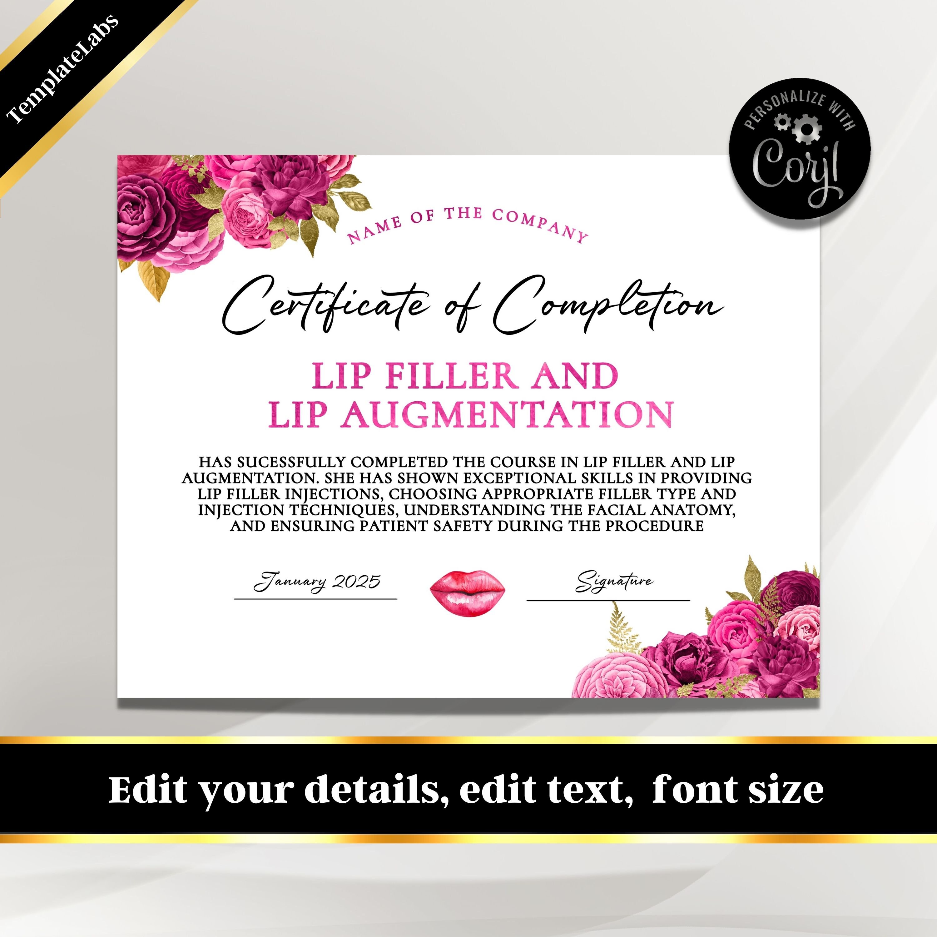 Lip Filler Certificate, Injector Nurse, Lip Filler Template, Printable ...