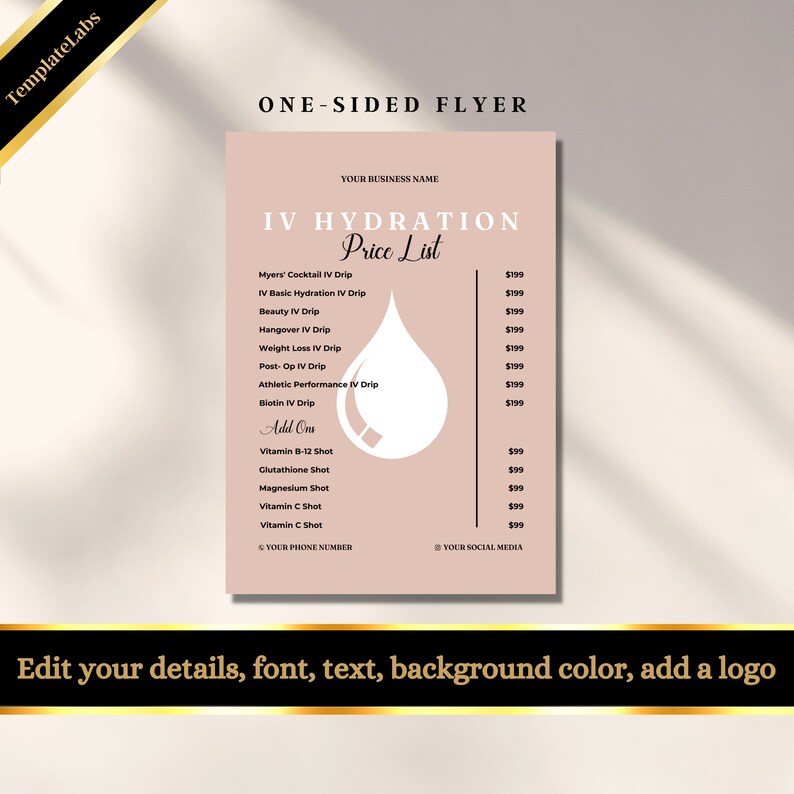 IV Hydration Template, IV Therapy Flyer, Price List Template Canva ...