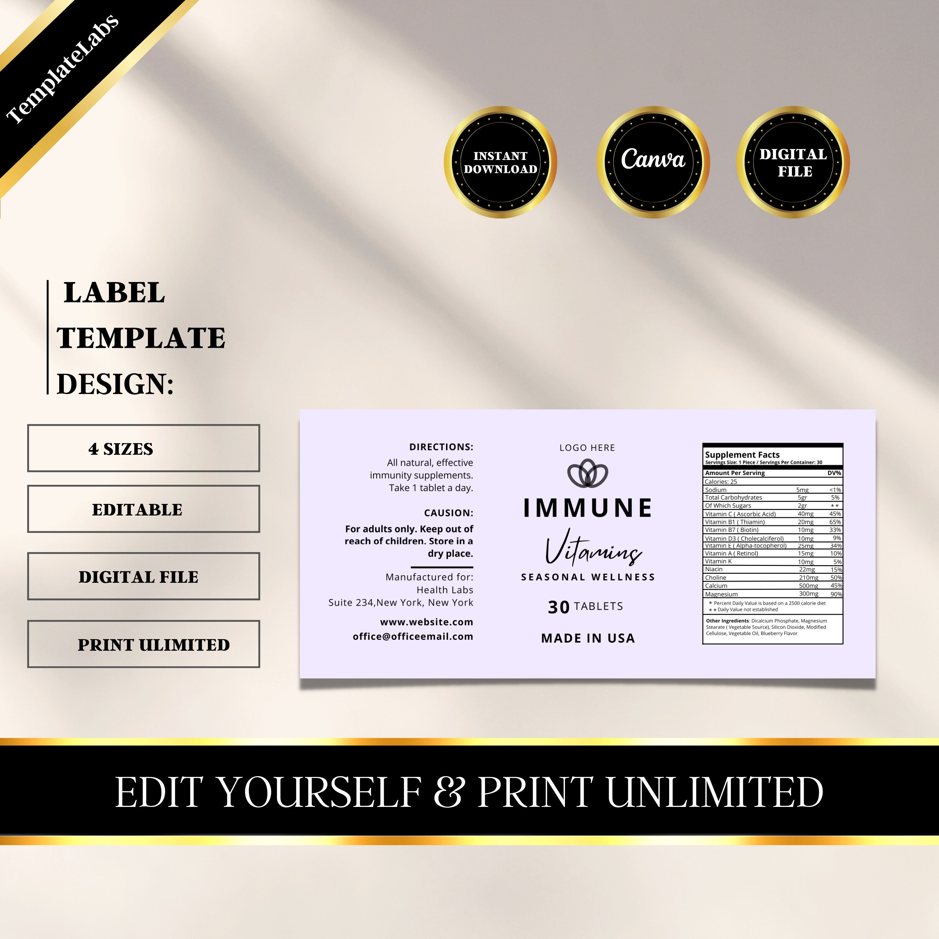 Supplement Bottle Label Supplement Label Template Vitamin - Etsy