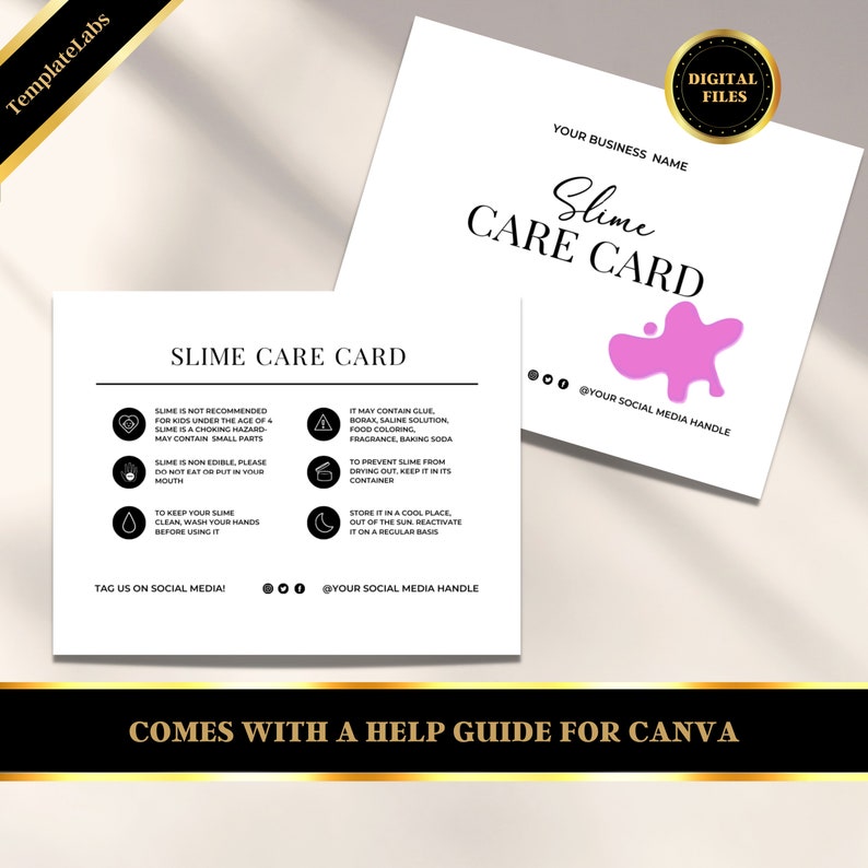 Slime Care Card, Slime Instruction, Printable Card, Editable Card Canva ...