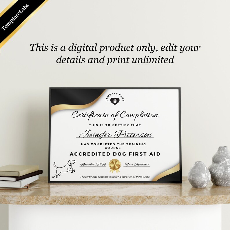 Dog First Aid Printable Certificate, Puppy First Aid, Certificate of ...