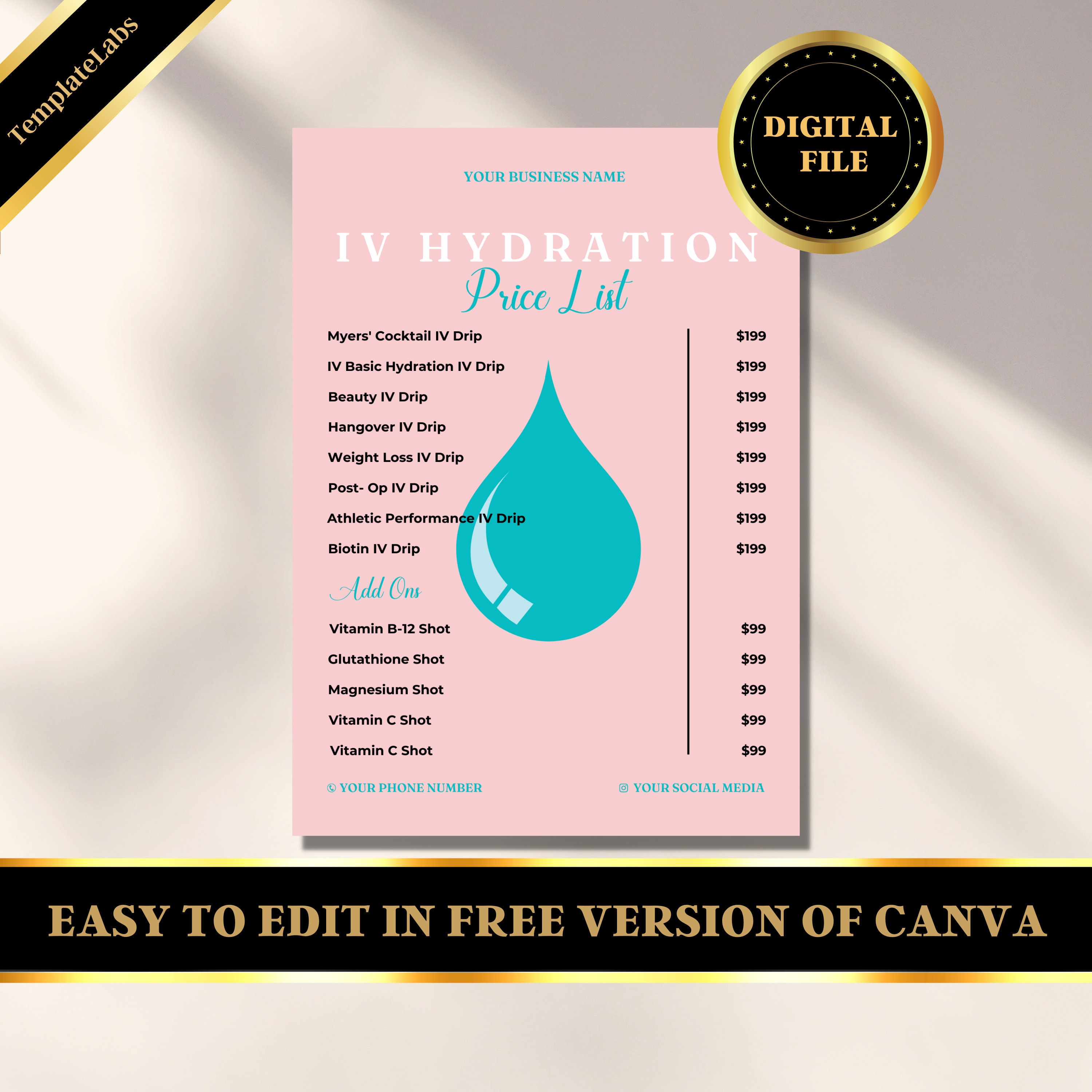 IV Hydration Template, IV Therapy Flyer, Price List Template Canva ...