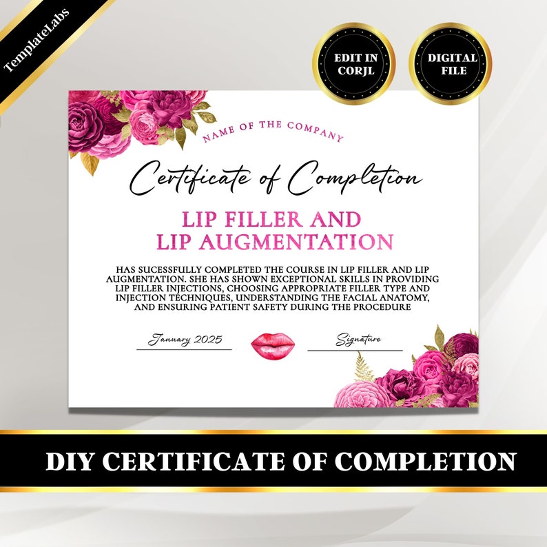 Lip Filler Certificate, Injector Nurse, Lip Filler Template, Printable ...