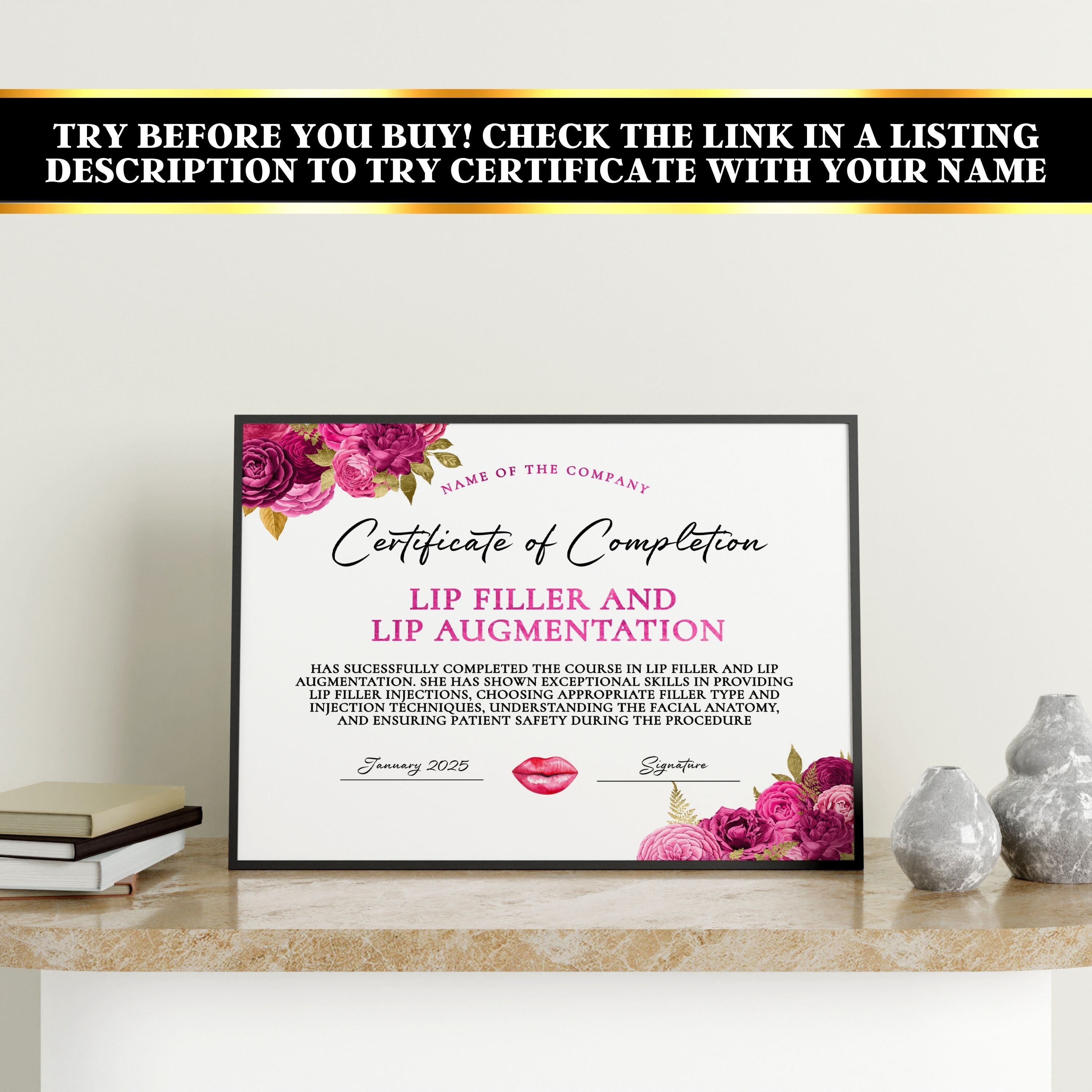Lip Filler Certificate, Injector Nurse, Lip Filler Template, Printable ...