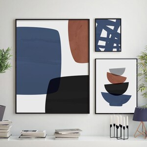 Set of 3 Mid Century Modern Printable Wall Art Navy Brown Gray - Etsy