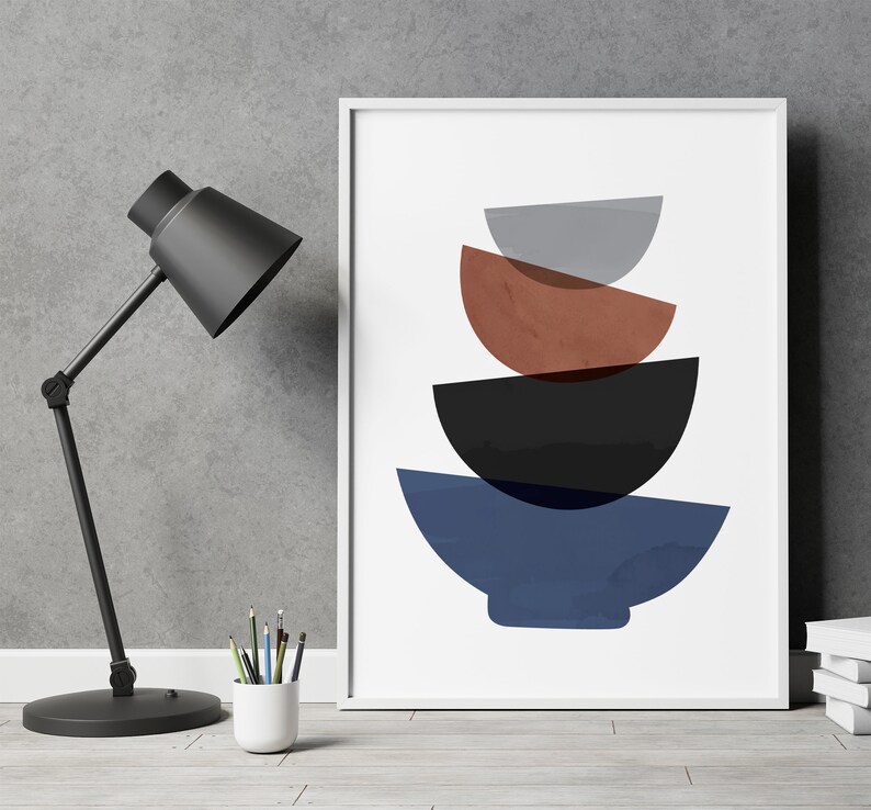 Set of 3 Mid Century Modern Printable Wall Art Navy Brown Gray | Etsy