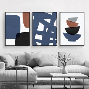 Set of 3 Mid Century Modern Printable Wall Art Navy Brown Gray - Etsy